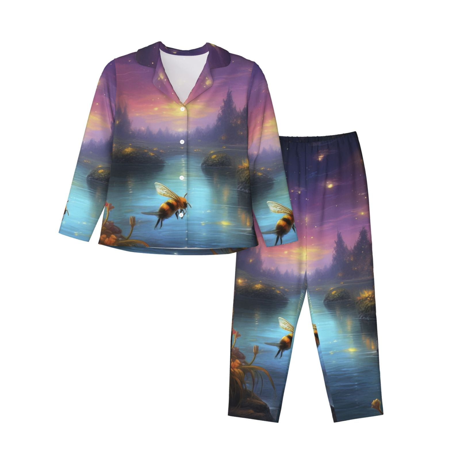 Balery Magical Bees Twilight River Pattern Pajama Sets for Women Long ...