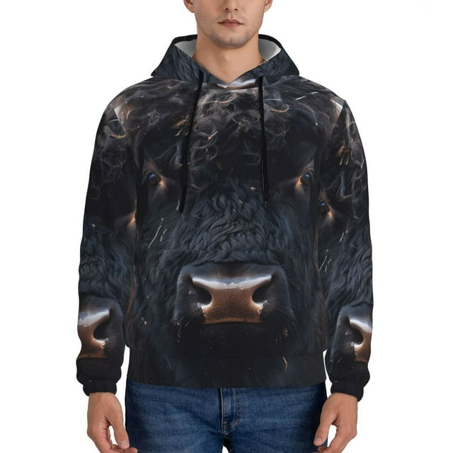 Balery Majestic Black Yak Pattern Mens Hoodie Kangaroo Pocket Hoodie