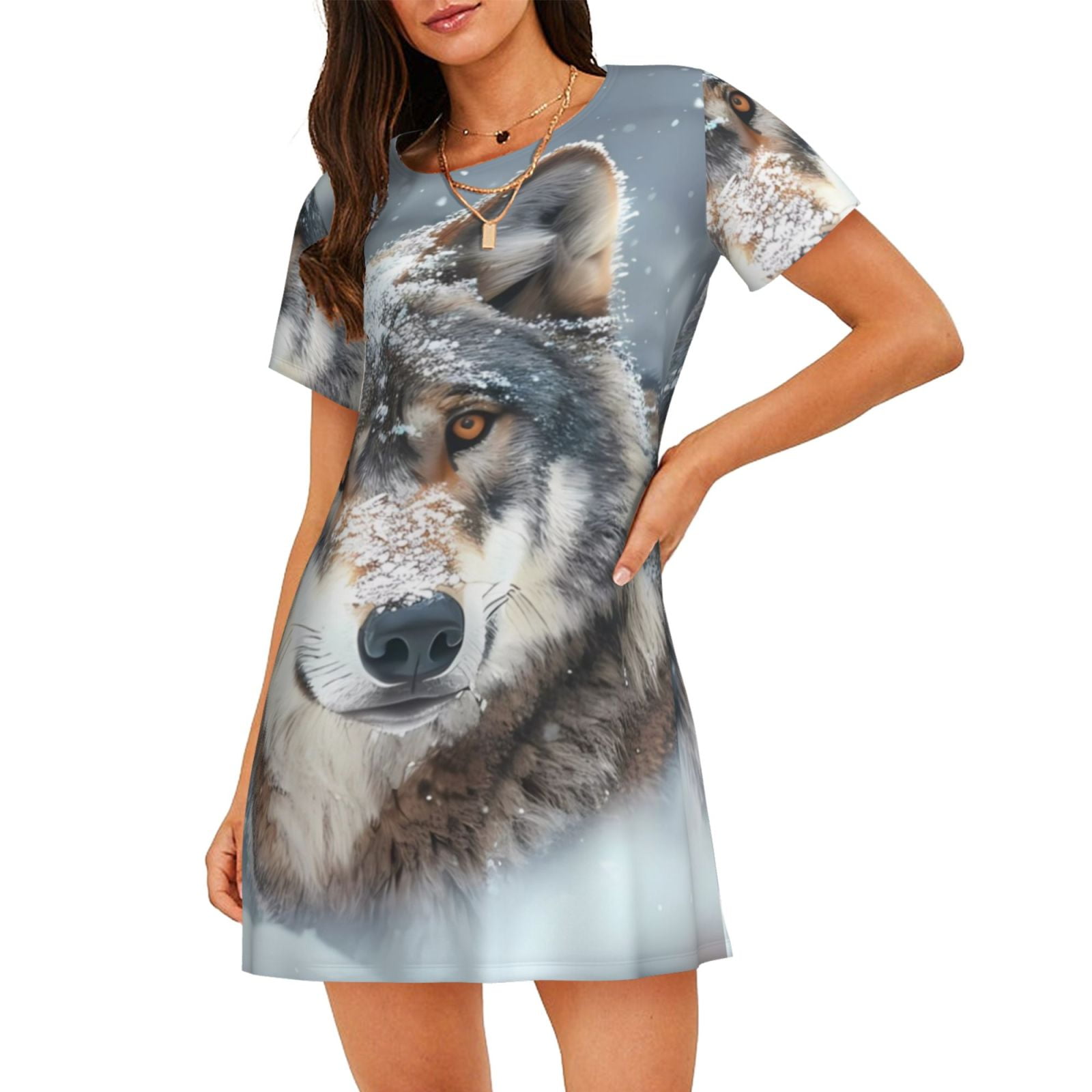 Balery Majestic Snowy Wolf Pattern Womens Short Sleeve Sleepshirt ...