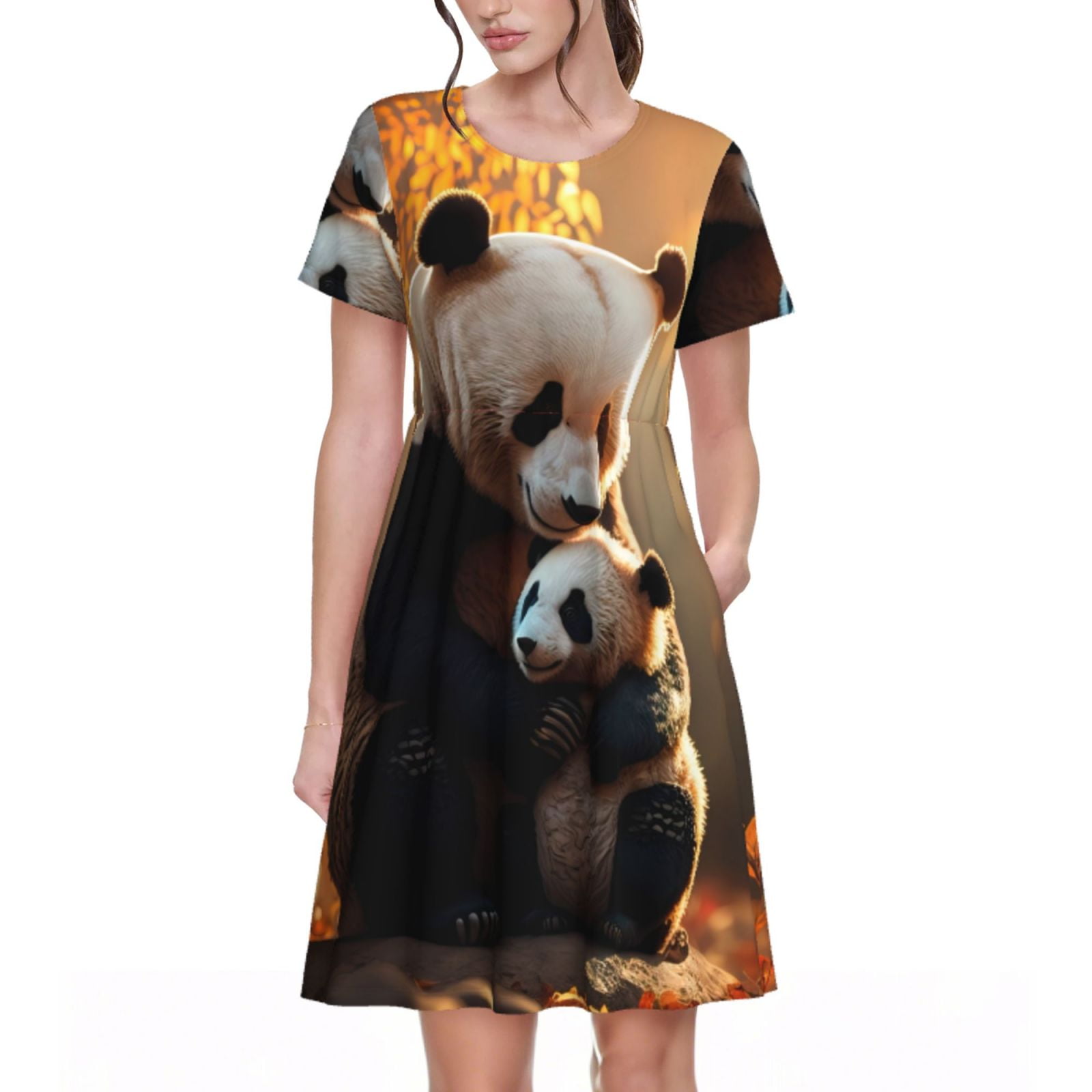 Balery Maple Forest Panda Pattern Womens Dresses Loose Short sleeve ...