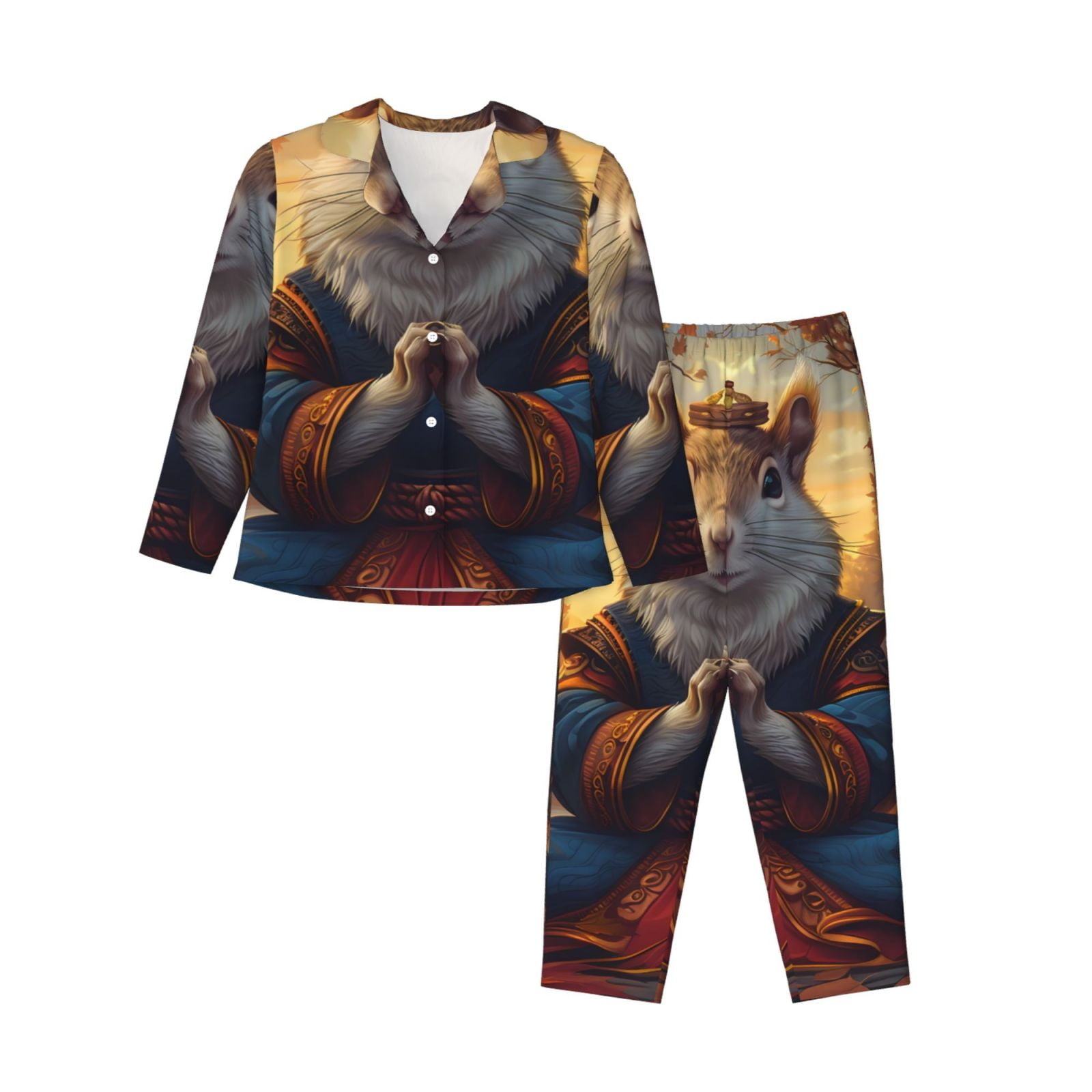 Balery Maple Leaf Meditating Squirrel Pattern Pajama Sets for Women ...