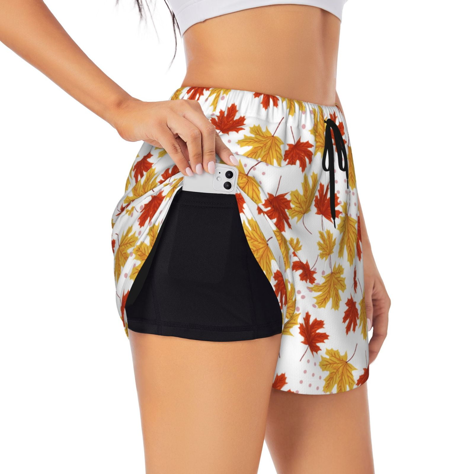 Balery Maple Leaf Pattern Women's Running Shorts with Liner 2 Pockets ...