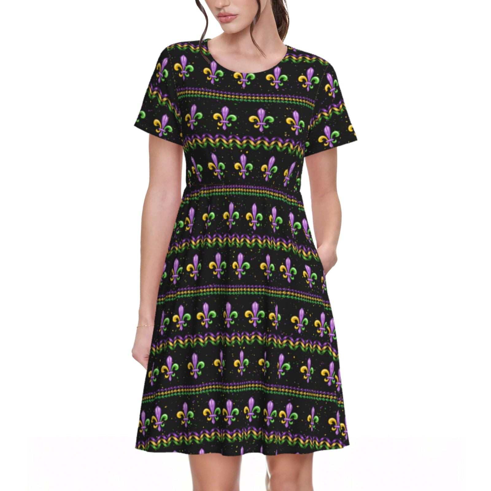 Balery Mardi Gras Fleur de Lis Pattern Womens Dresses Loose Short ...