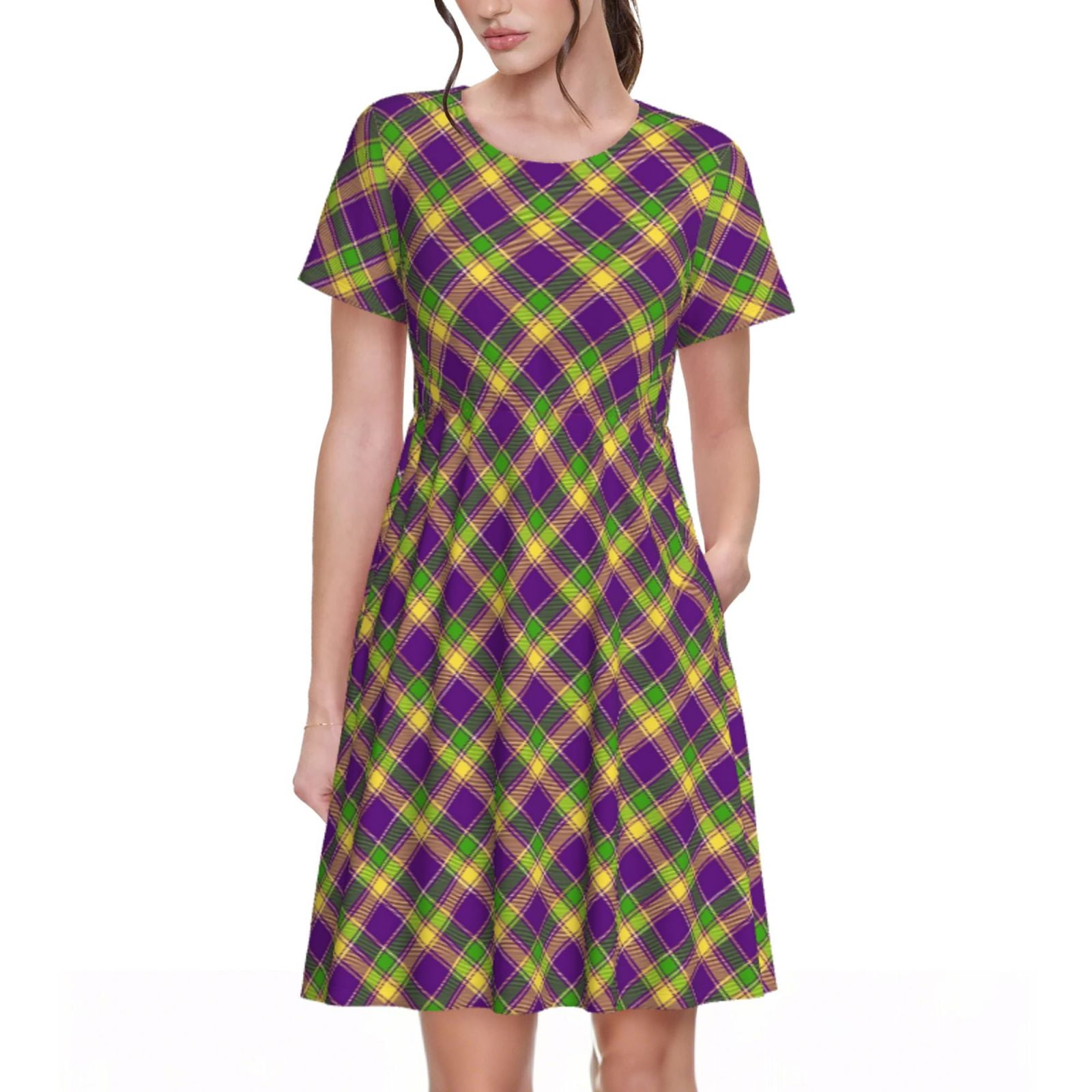 Balery Mardi Gras Plaid Pattern Womens Dresses Loose Short sleeve ...