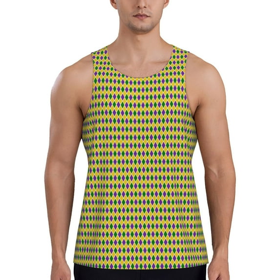 Balery Mardi Gras Purple Yellow Plaid Pattern Men's Workout Tank Top ...