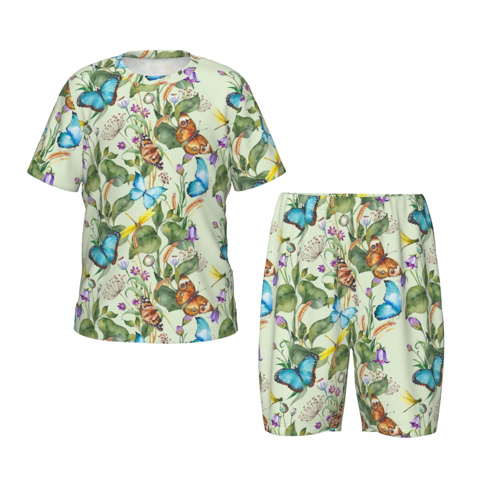 Balery Meadow Plants And Butterflies Pattern Kids’ Short-Sleeved Pajama Set – Soft Cotton ...