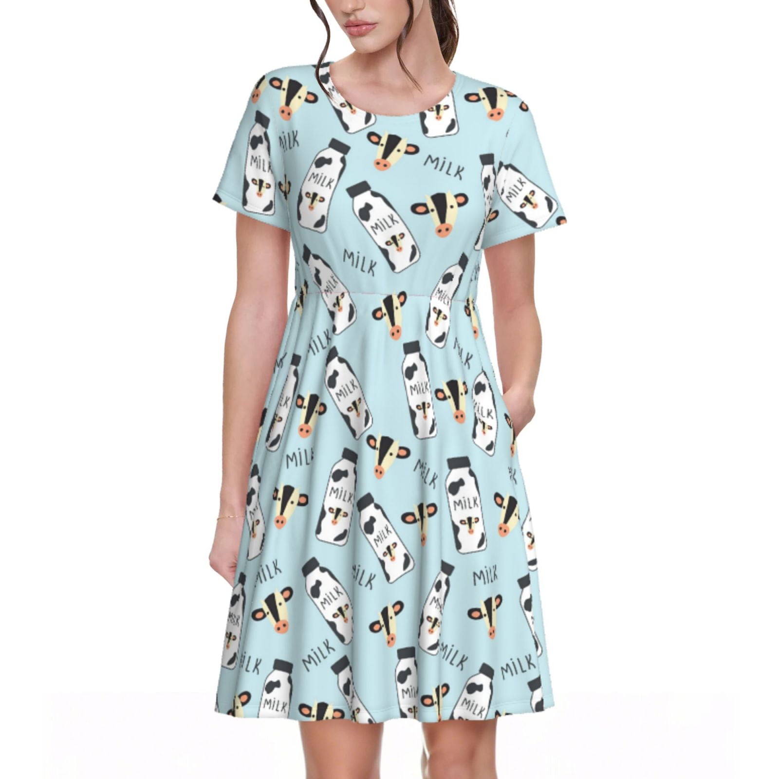 Balery Milk Bottles And Cow Head Pattern Womens Dresses Loose Short ...