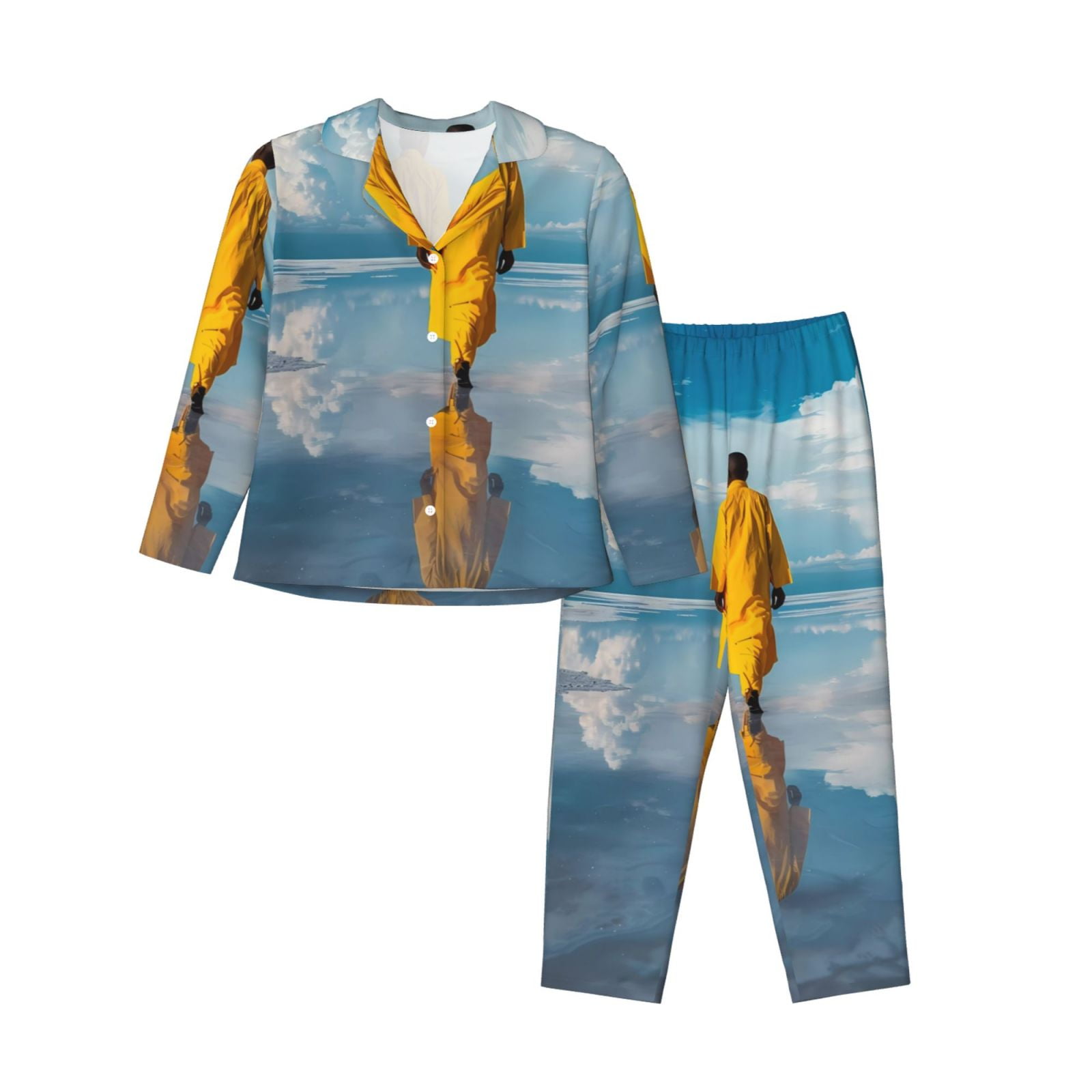 Balery Monk Walking On Water Pattern Pajama Sets for Women Long Sleeve ...