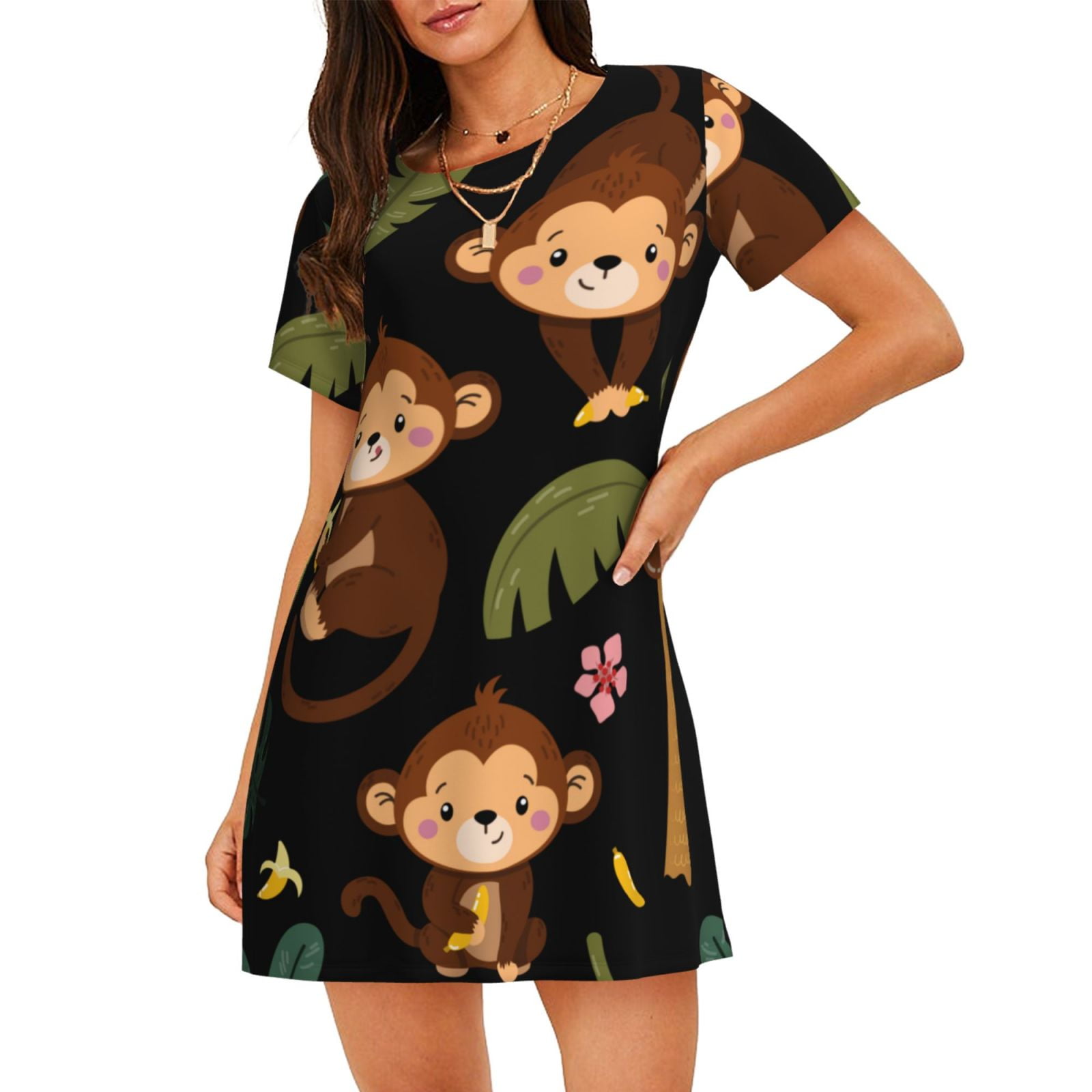 Balery Monkeys Swinging from Palms Pattern Womens Short Sleeve ...