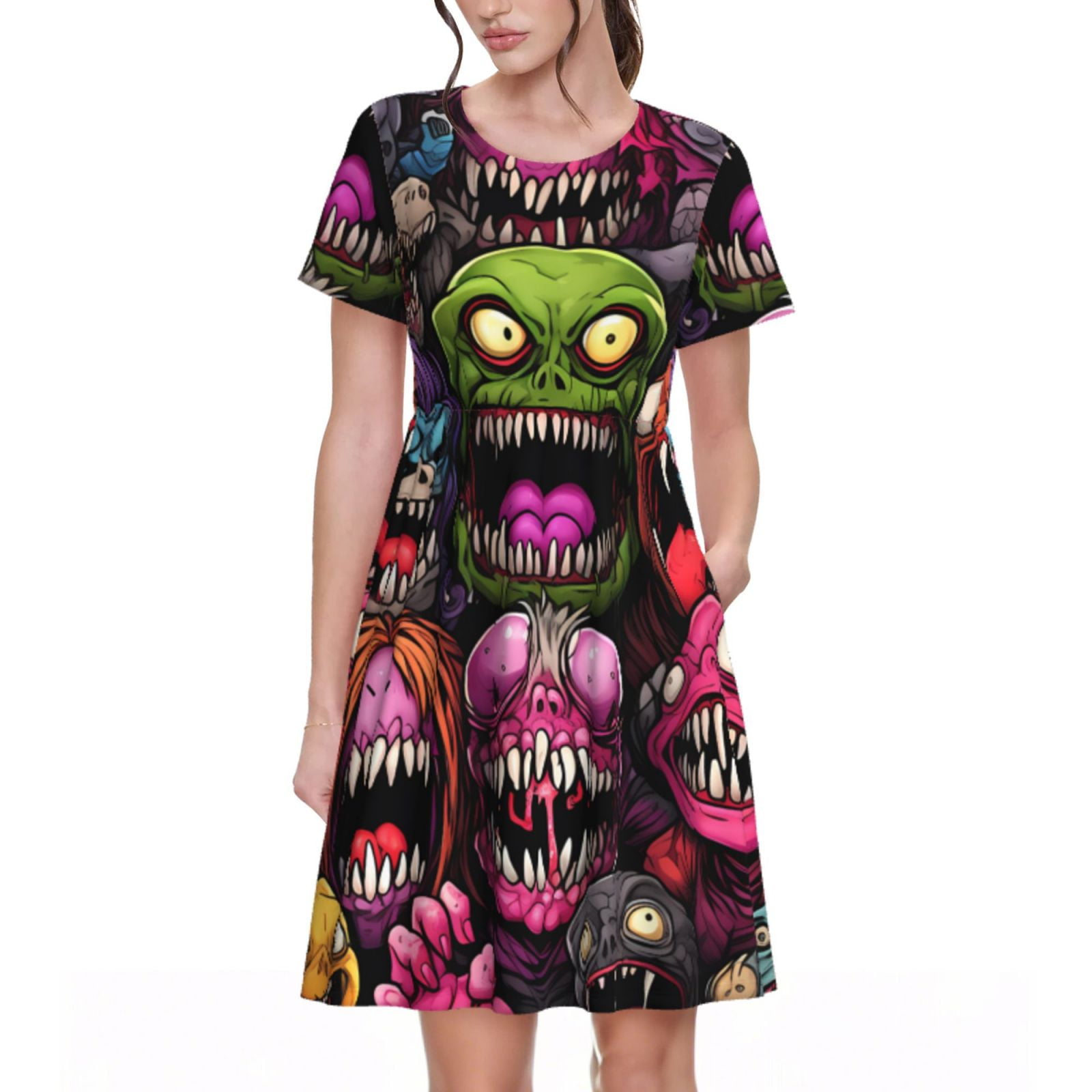 Balery Monstrous Cartoon Characters Pattern Womens Dresses Loose Short ...