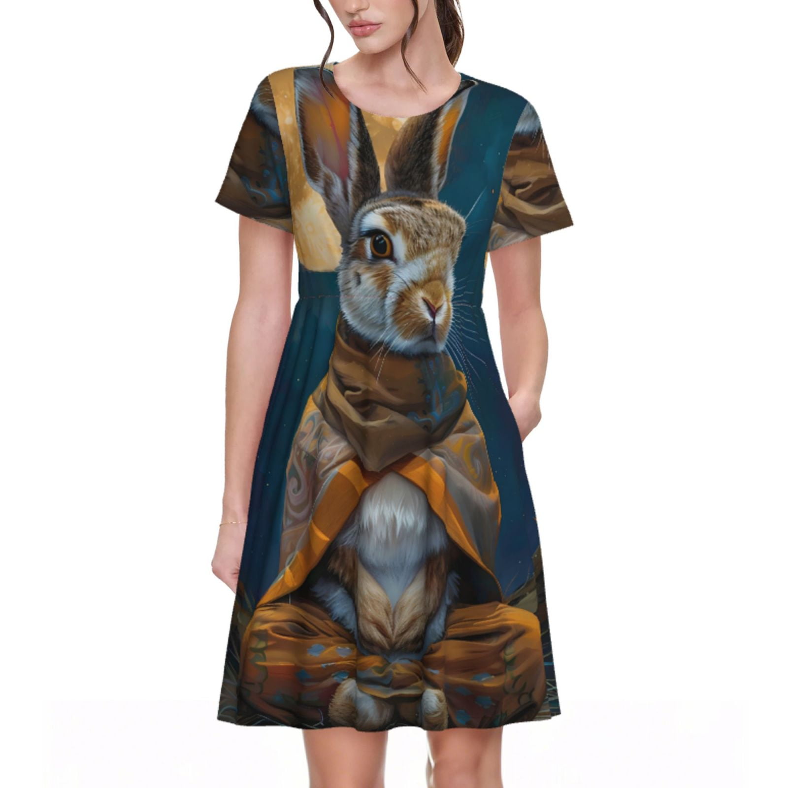 Balery Moon Night Sky Cute Rabbit Pattern Womens Dresses Loose Short ...