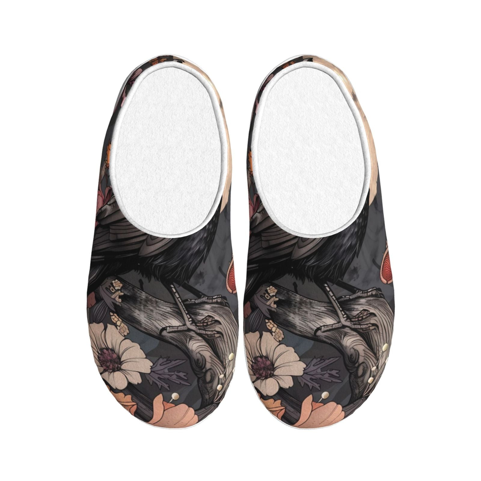 Balery Moonlit Crow Blossoms Pattern Women's Fuzzy Memory Foam Slippers ...