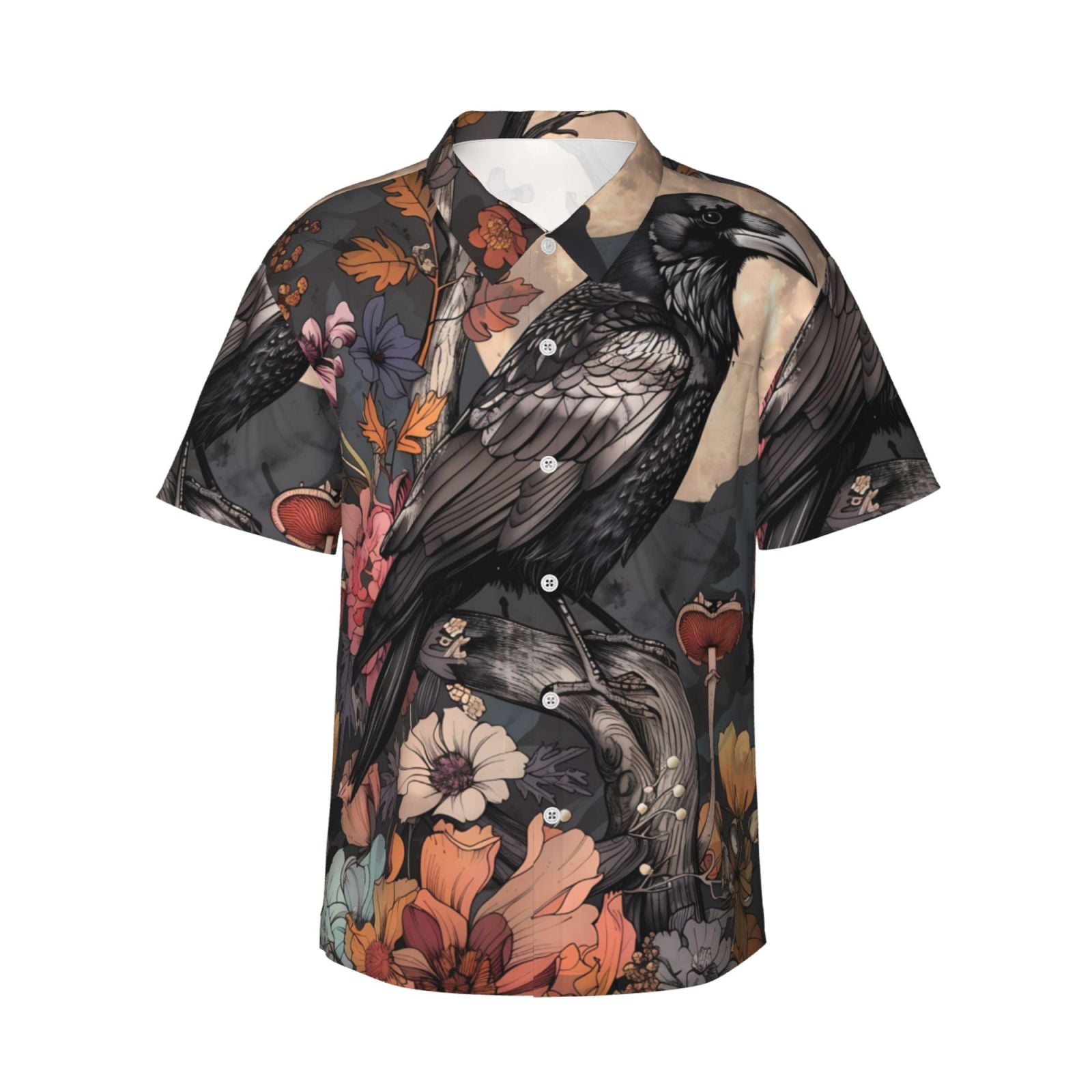 Balery Moonlit Crow Blossoms Print Men's Hawaiian Shirts Short Sleeve ...