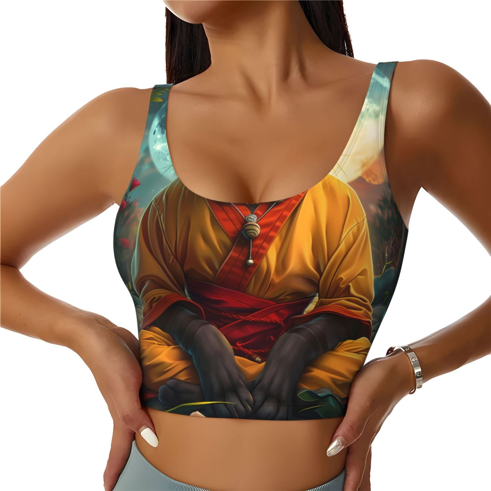 Balery Moonlit Hairless Cat Monk Pattern Racerback Sports Bras for Women - Padded Seamless High ...