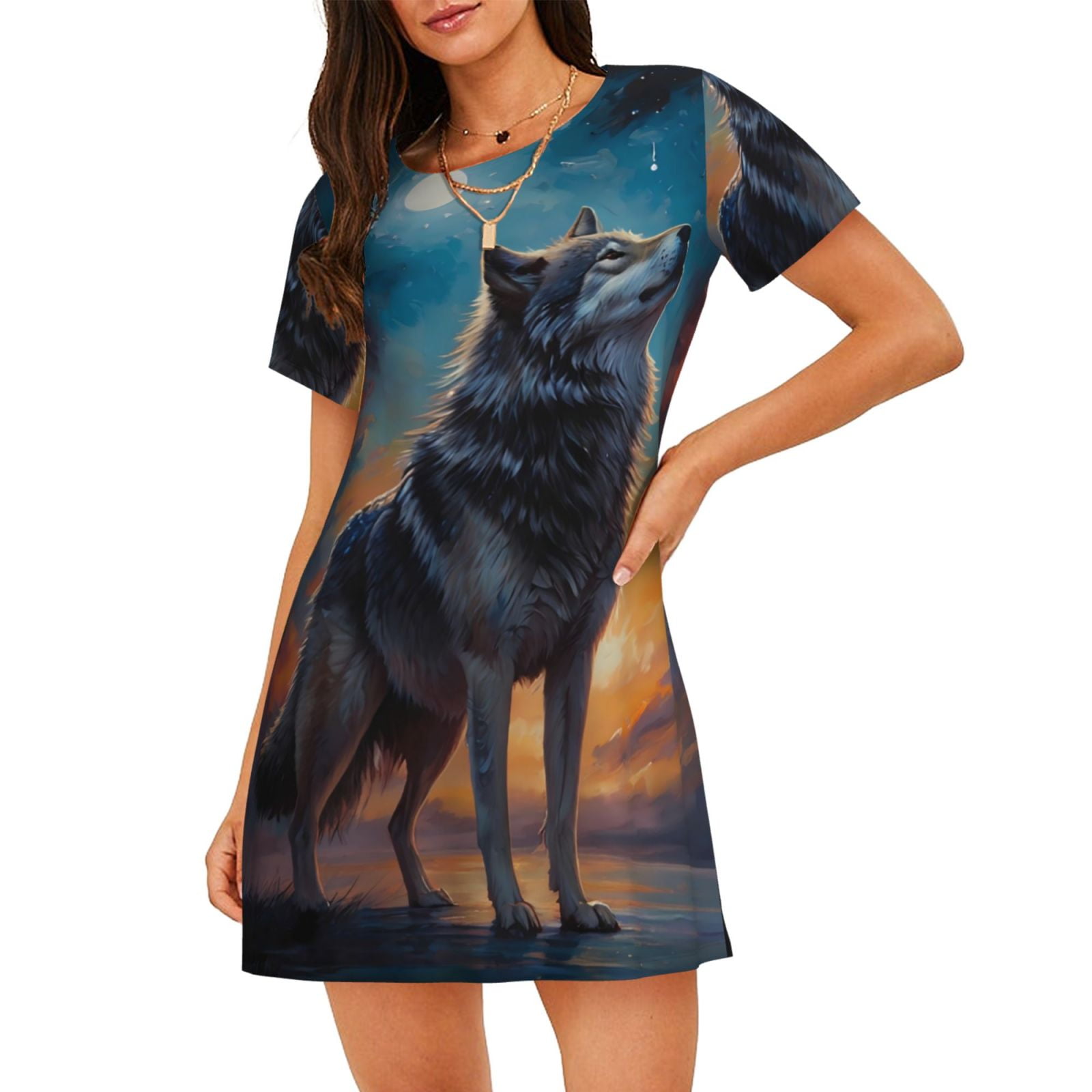 Balery Moonlit Night Sky Wolf Pattern Womens Short Sleeve Sleepshirt ...