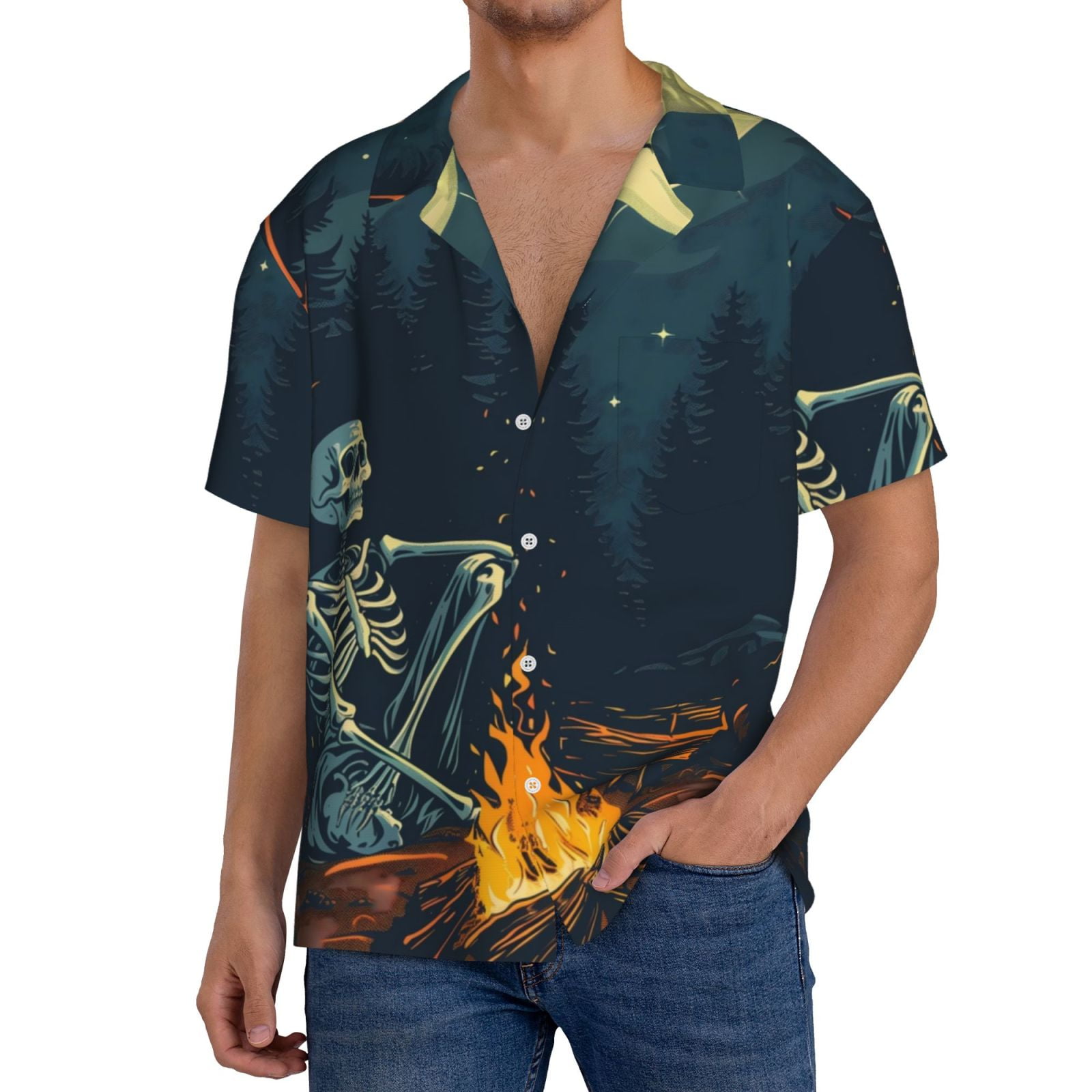 Balery Moonlit Skeleton Campfire Men's Casual Button Down Shirt Short ...