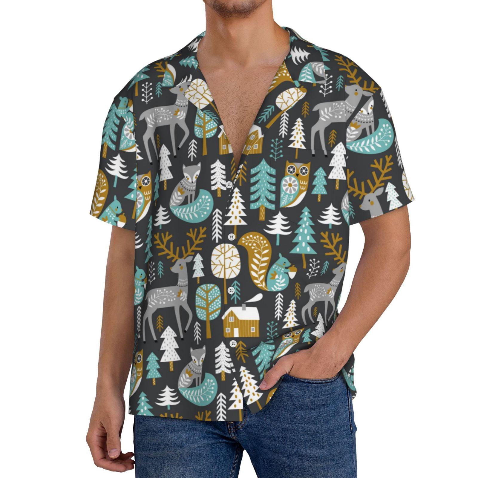 Balery Moose Squirrel owls tree Men's Casual Button Down Shirt Short ...