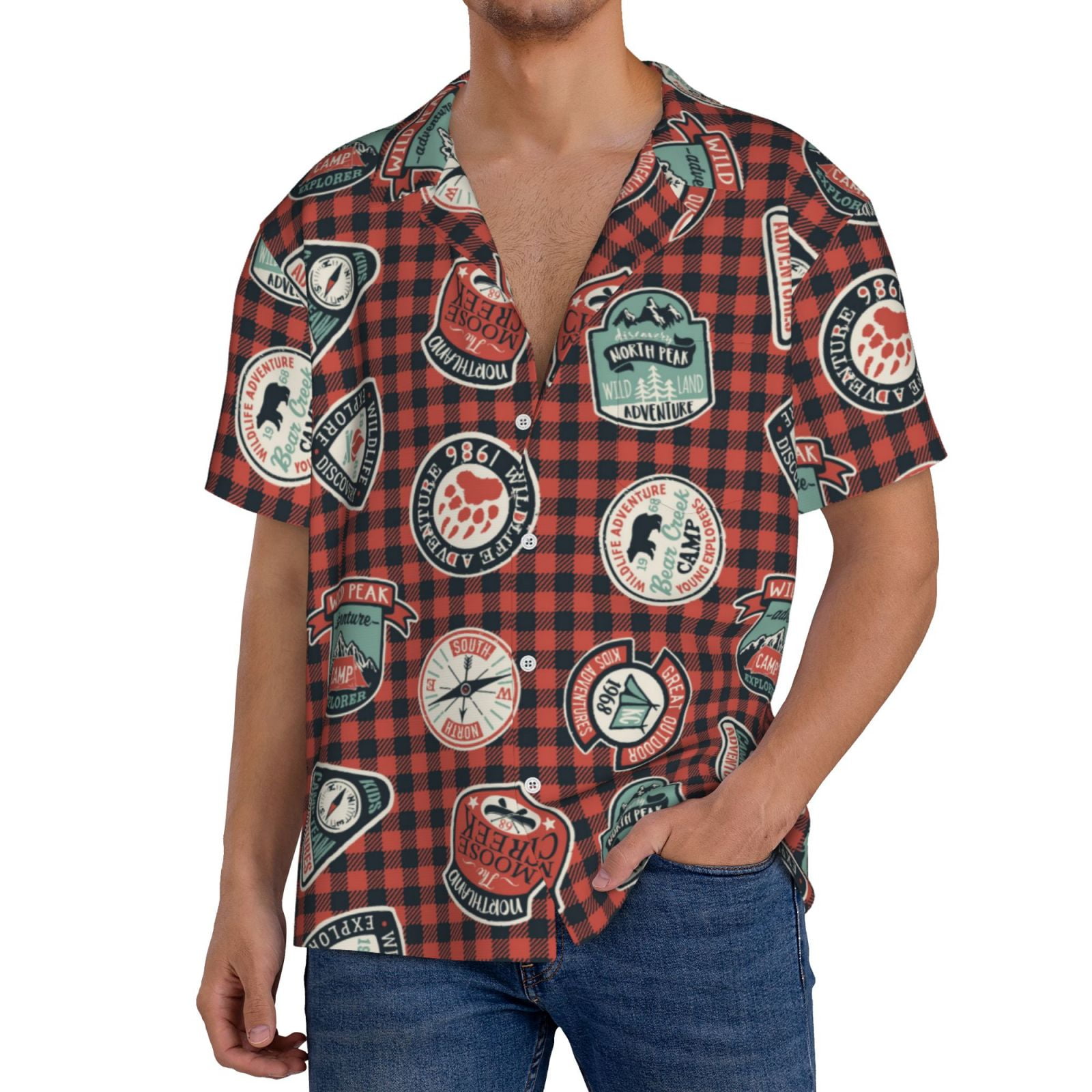 Balery Mountain Adventure Badges Men's Casual Button Down Shirt Short ...