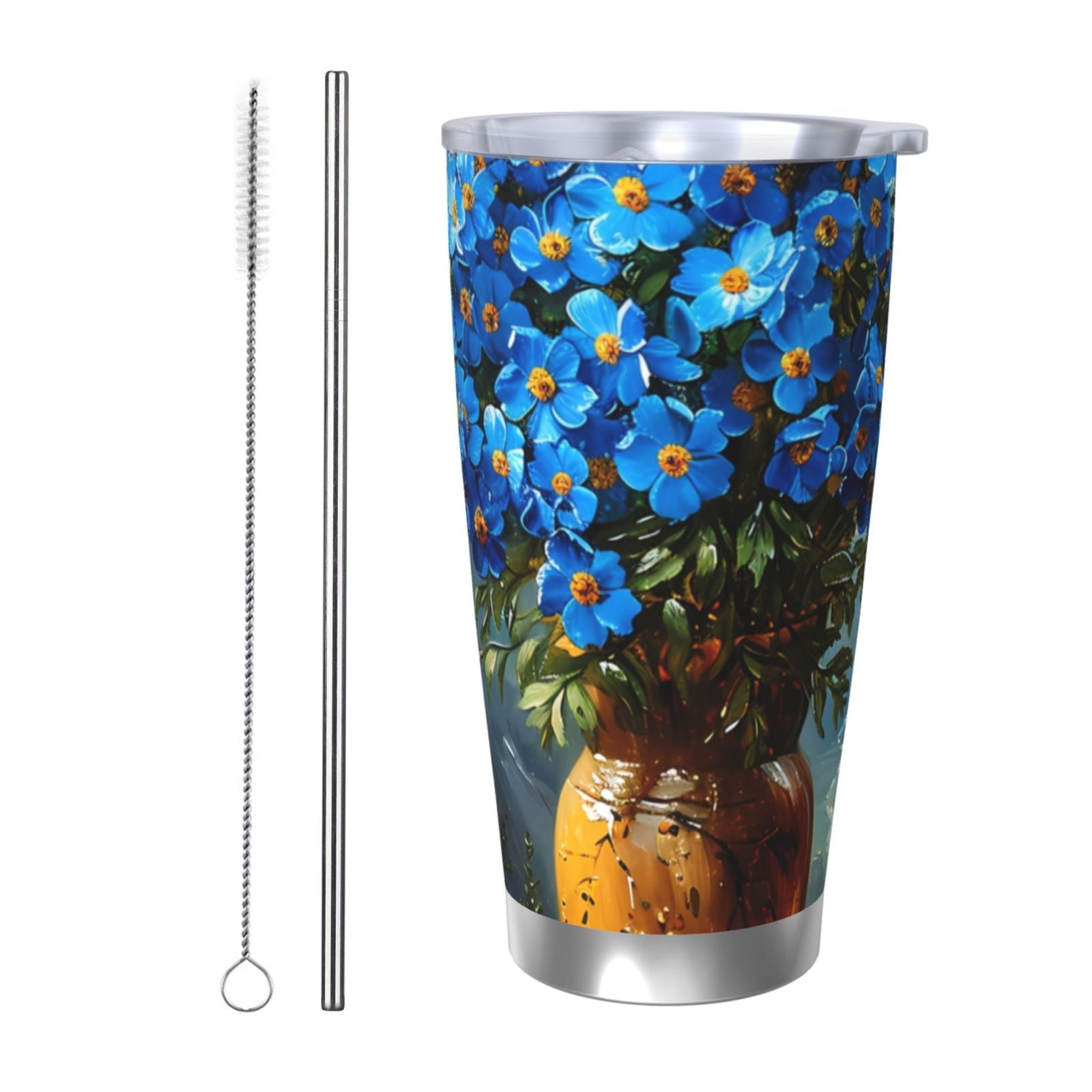 Balery Mountain Blue Flowers Vase Pattern 20oz Insulated Car Cup with ...