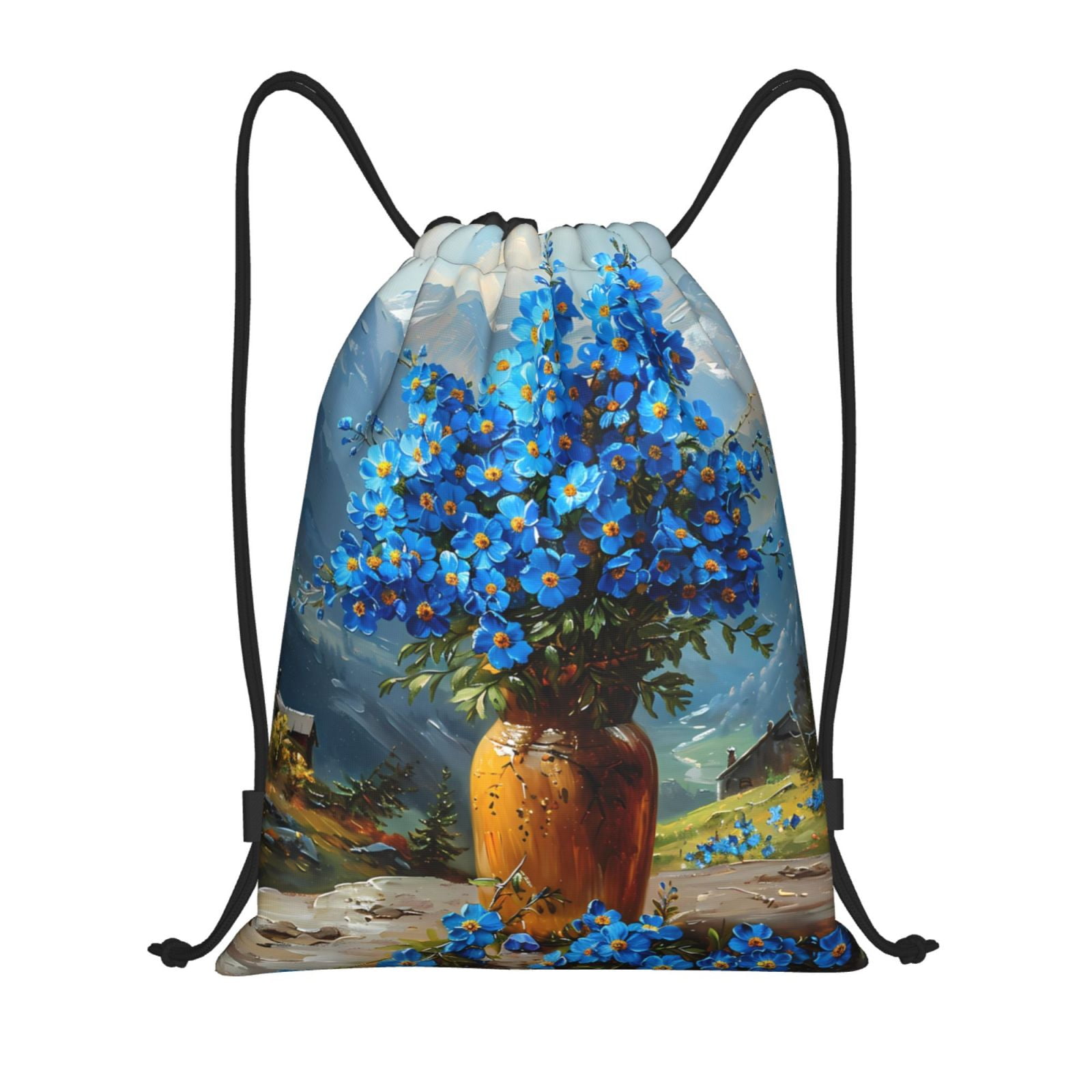 Balery Mountain Blue Flowers Vase Pattern Drawstring Backpack Bag Sport ...