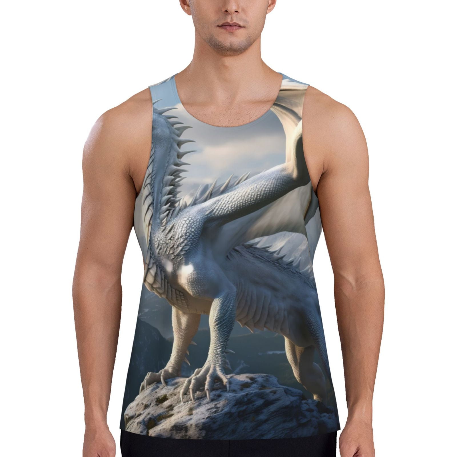 Balery Mountain White Dragon Pattern Men's Workout Tank Top Gym Muscle ...