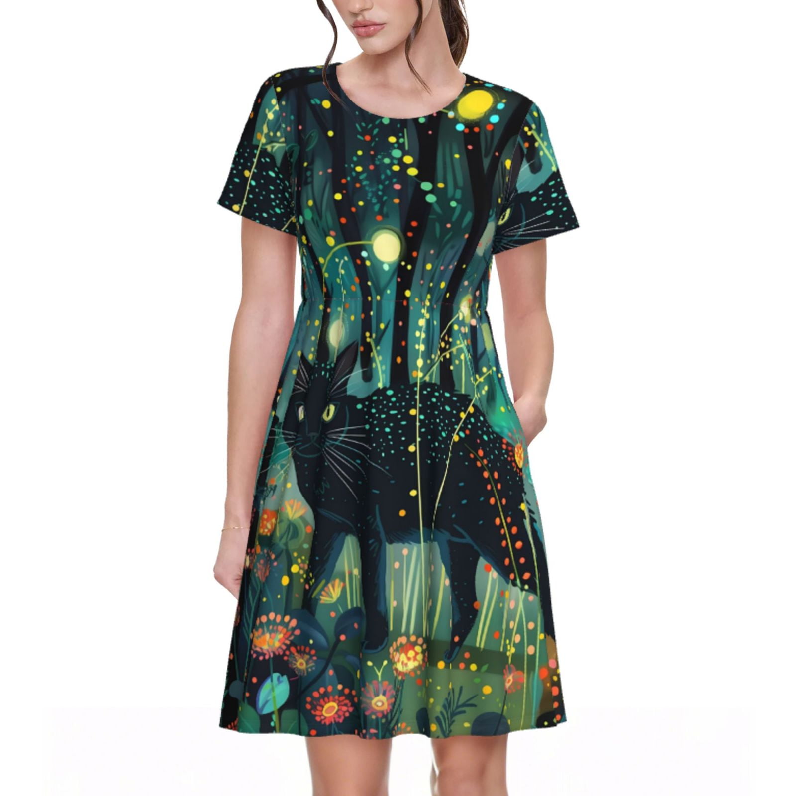 Balery Mystical Black Cat Fireflies Pattern Womens Dresses Loose Short ...