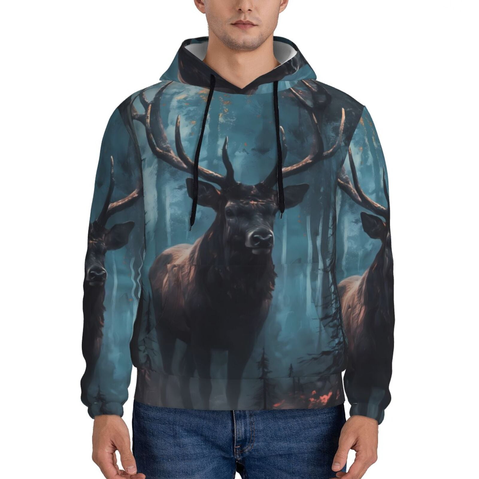 Balery Mystical Forest Elk Pattern Mens Hoodie Kangaroo Pocket Hoodie ...