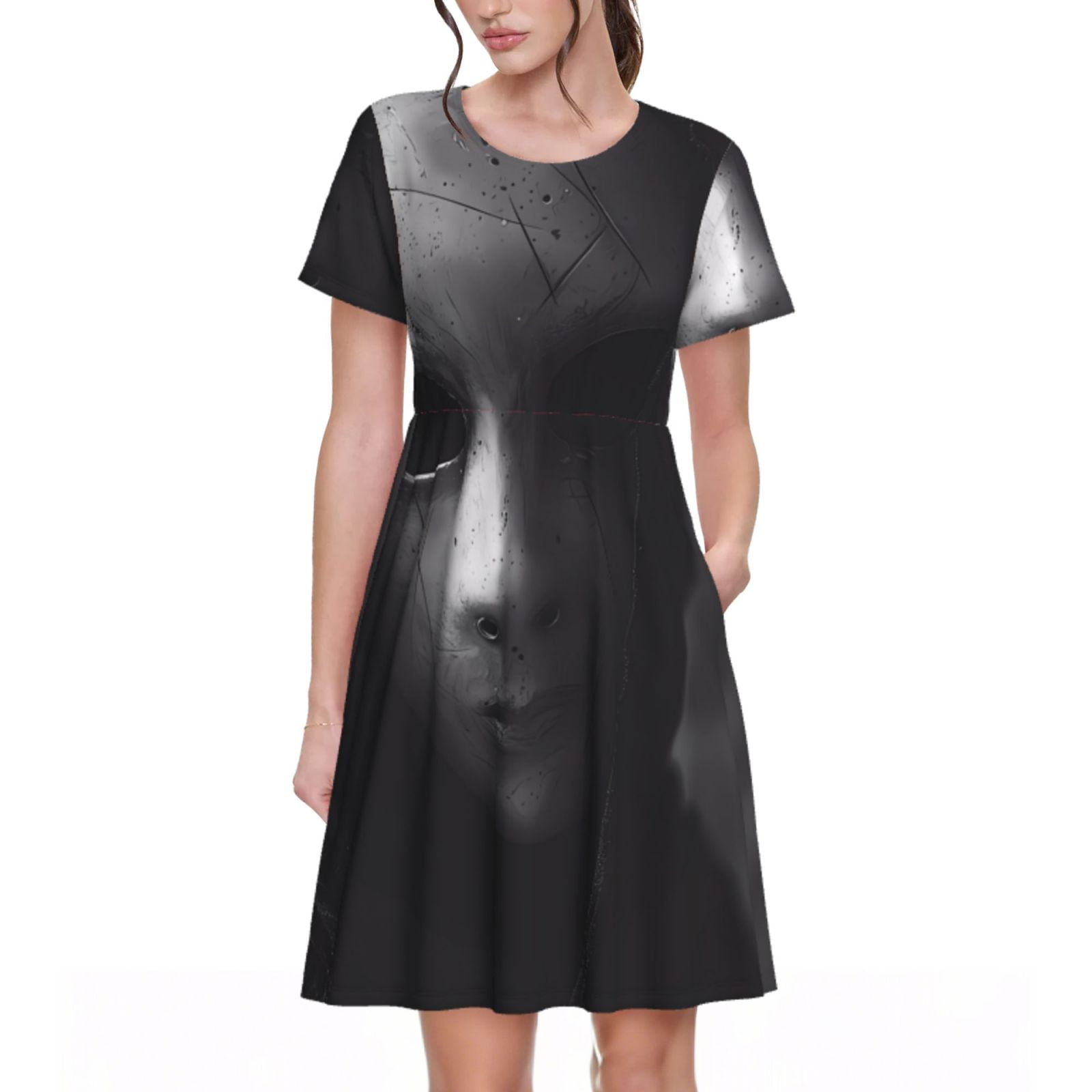 Balery Mystical Masked Figure Monochrome Pattern Womens Dresses Loose ...