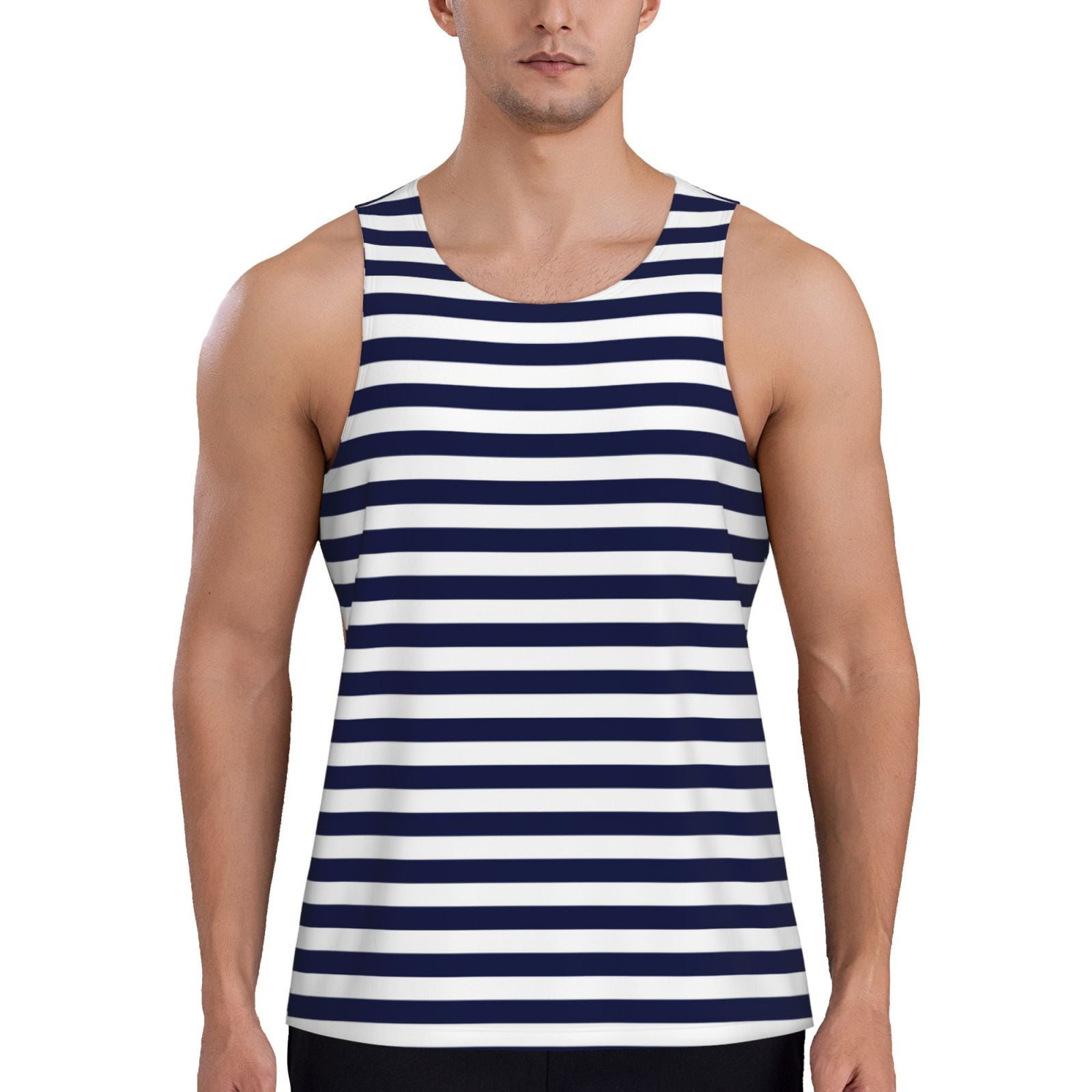Balery Navy Blue And White Stripes Pattern Men's Workout Tank Top Gym ...