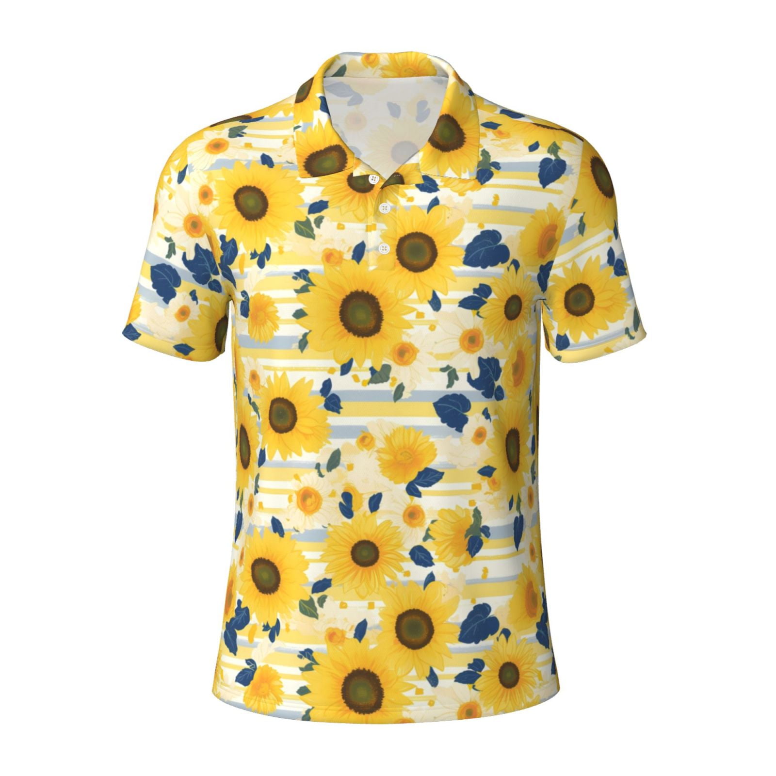 Balery Navy Blue Leaf Sunflower Printed Men’s Short Sleeve Polo Shirt ...