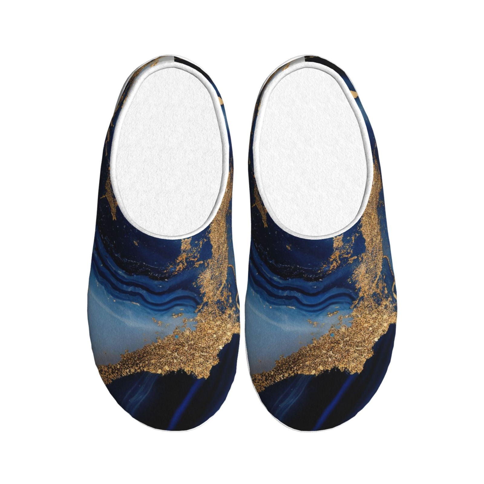 Balery Navy Blue Marble Pattern Women's Fuzzy Memory Foam Slippers ...