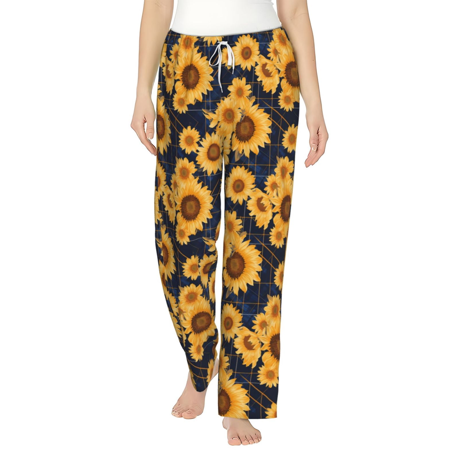Balery Navy Blue Plaid Sunflower print Women's Pajama Pants,Ultra ...
