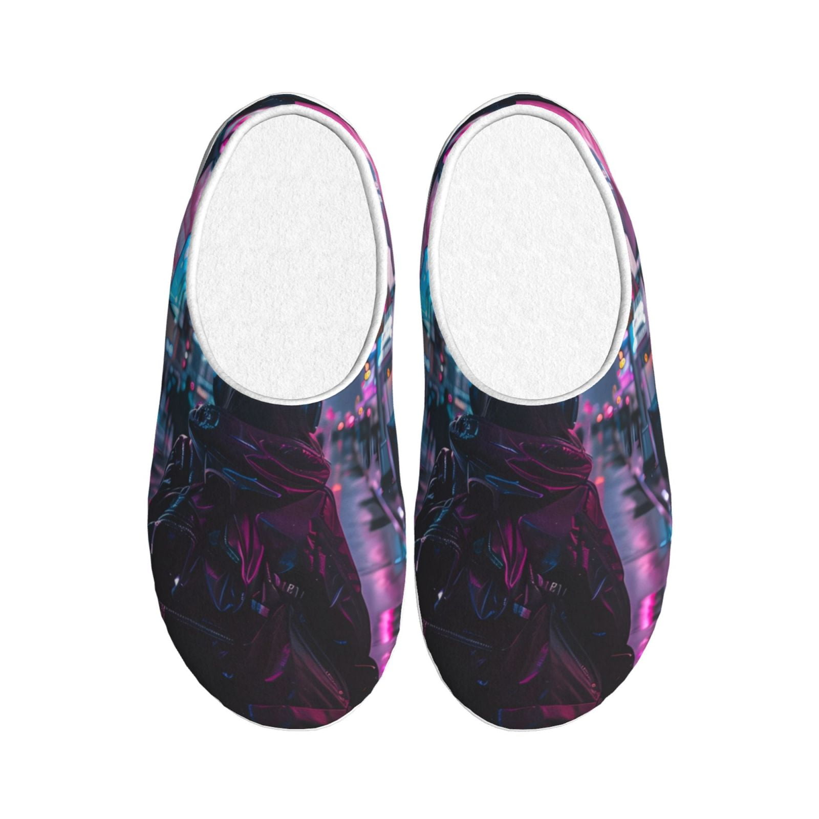 Balery Neon Night Cityscape Pattern Women's Fuzzy Memory Foam Slippers ...