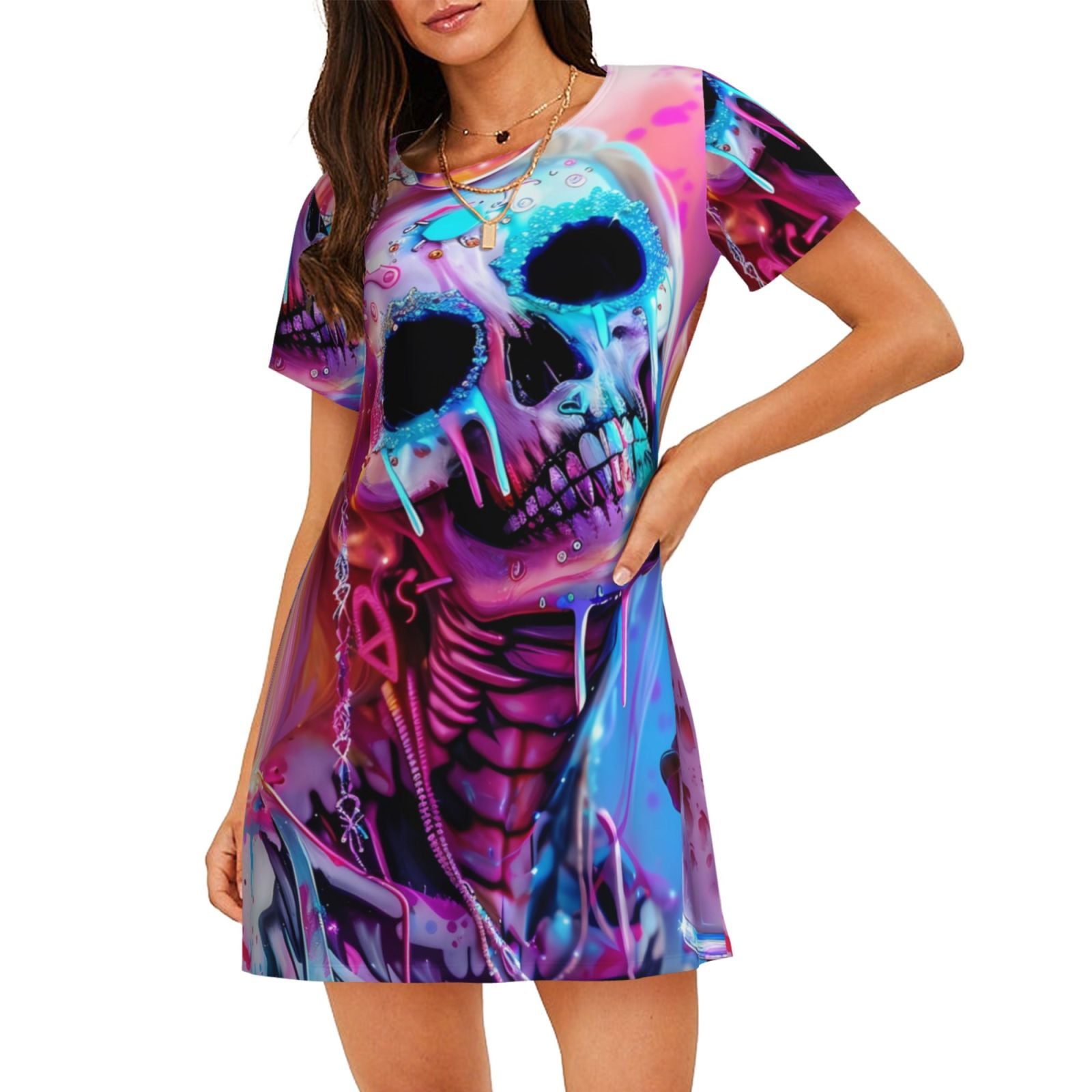 Balery Neon Skull With Milkshake Pattern Womens Short Sleeve Sleepshirt ...