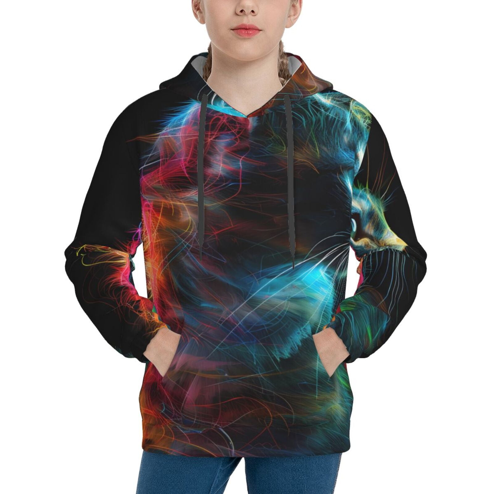 Balery Neon Spectrum Cat Portrait Pattern Boys Hoodie, Youth Pullover ...