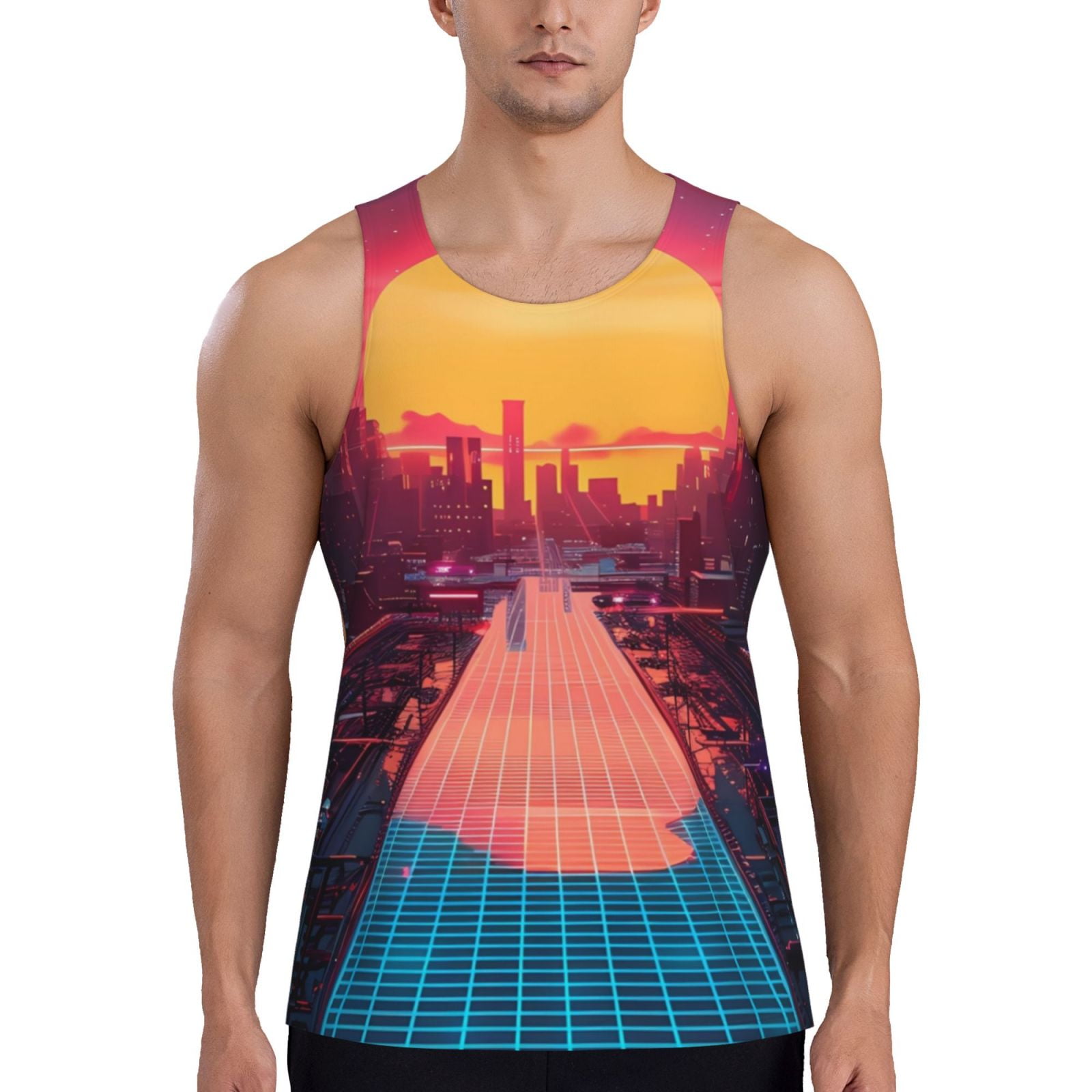 Balery Neon Sunset Cyberpunk Cityscape Pattern Men's Workout Tank Top ...