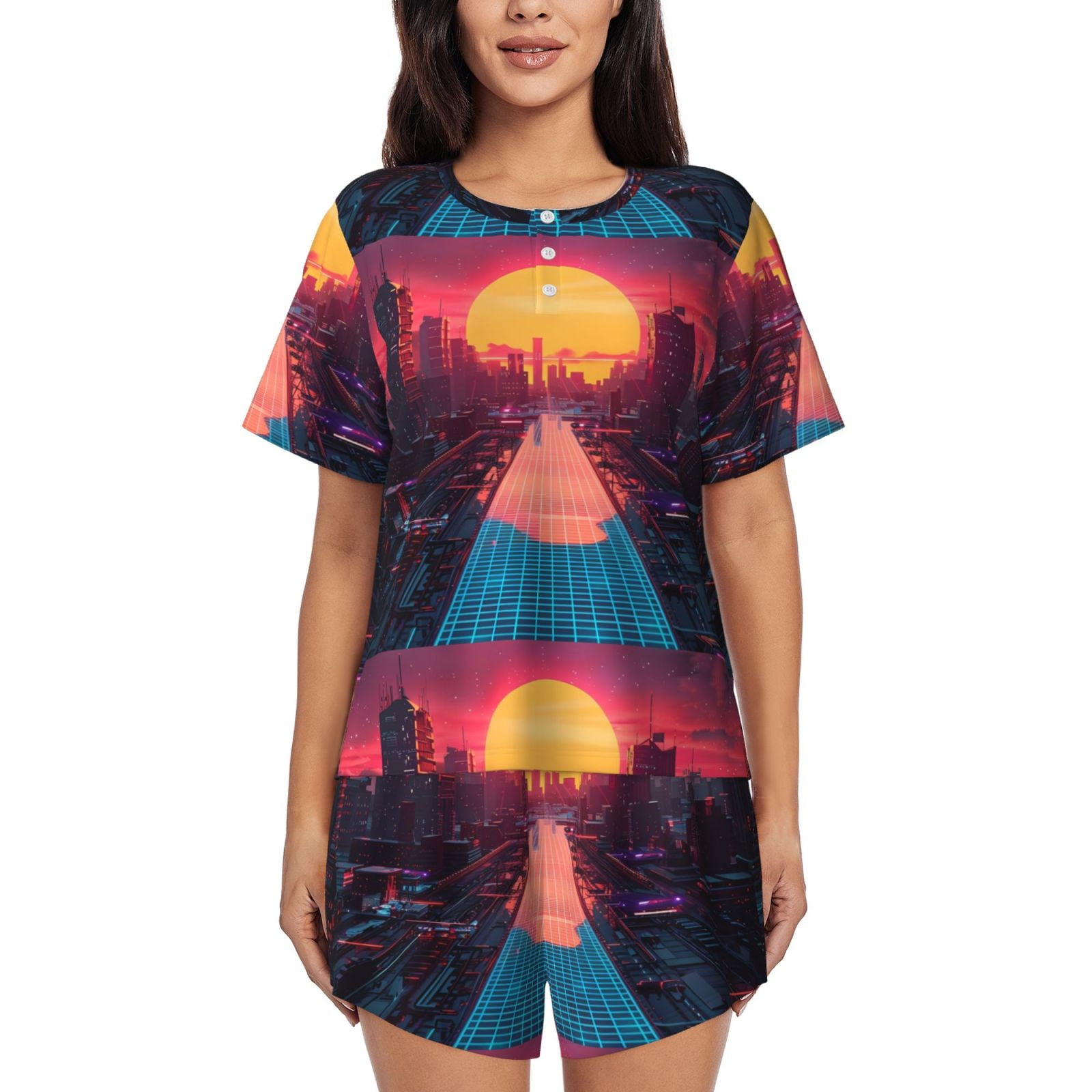 Balery Neon Sunset Cyberpunk Cityscape Pattern Womens Pajama Sets 2 ...