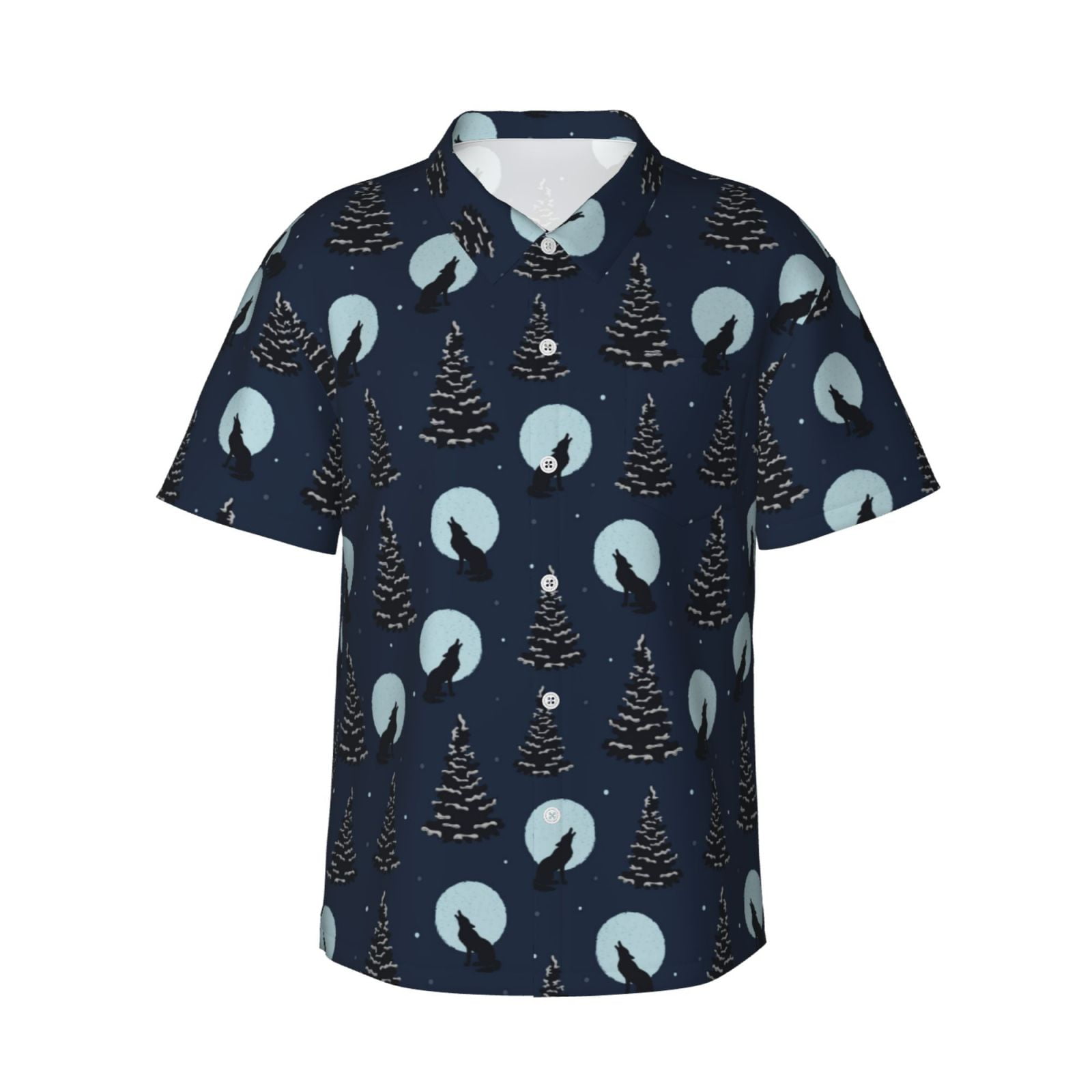 Balery Night Forest Wolf Print Men's Hawaiian Shirts Short Sleeve Beach ...