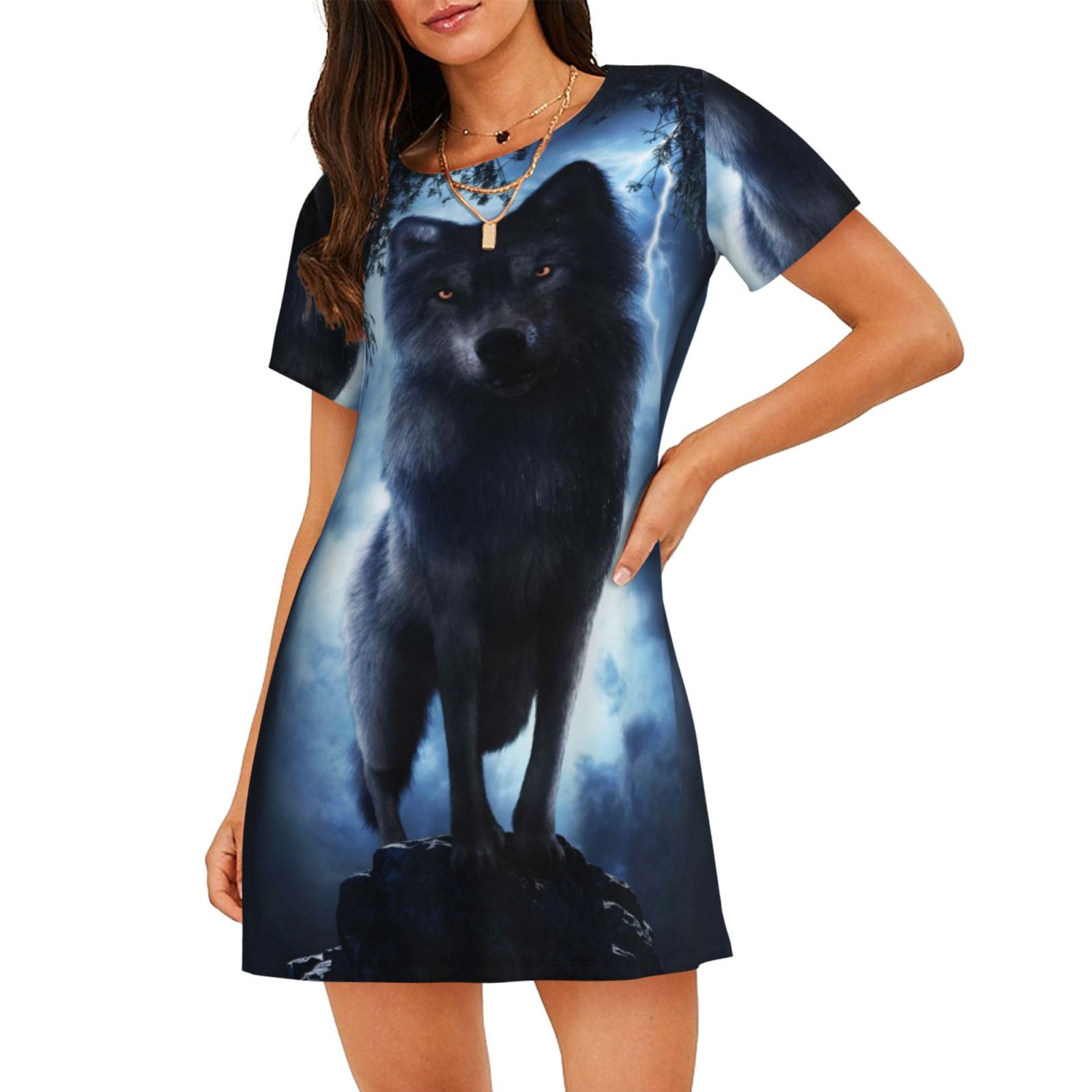 Balery Night Scene of Wolves Pattern Womens Short Sleeve Sleepshirt ...