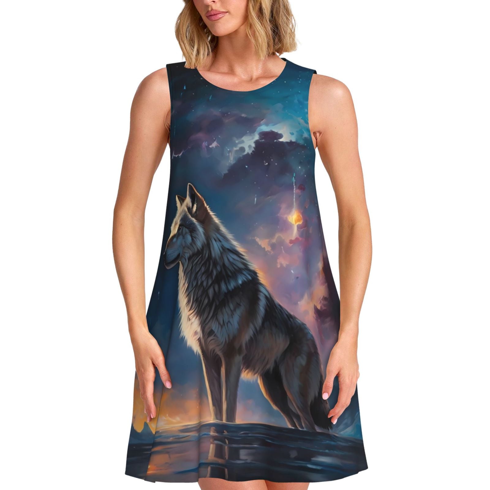 Balery Night Sky Wolf Pattern Women’s Summer Dresses – Loose Sleeveless ...