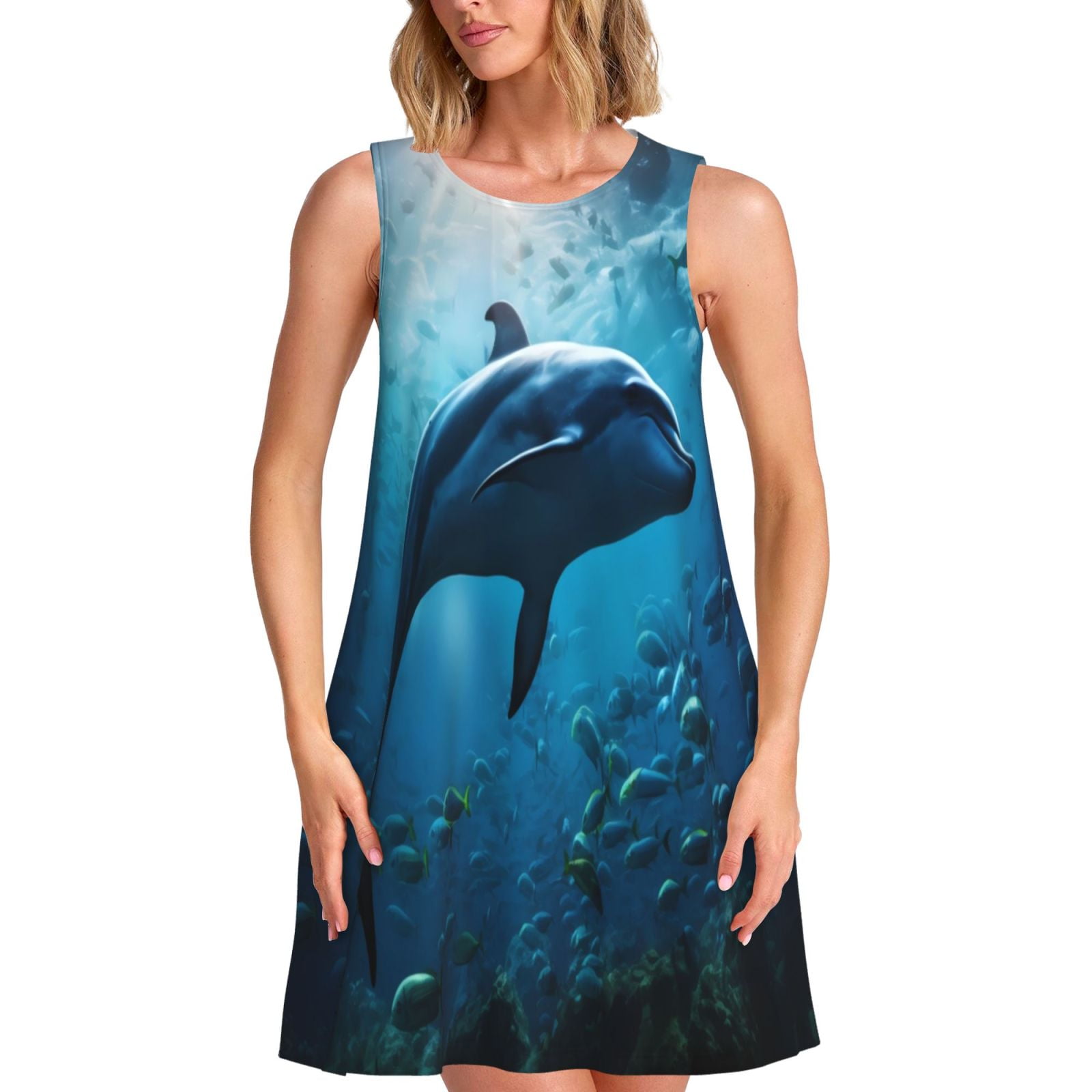Balery Ocean Dolphin Fish School Pattern Women’s Summer Dresses – Loose ...