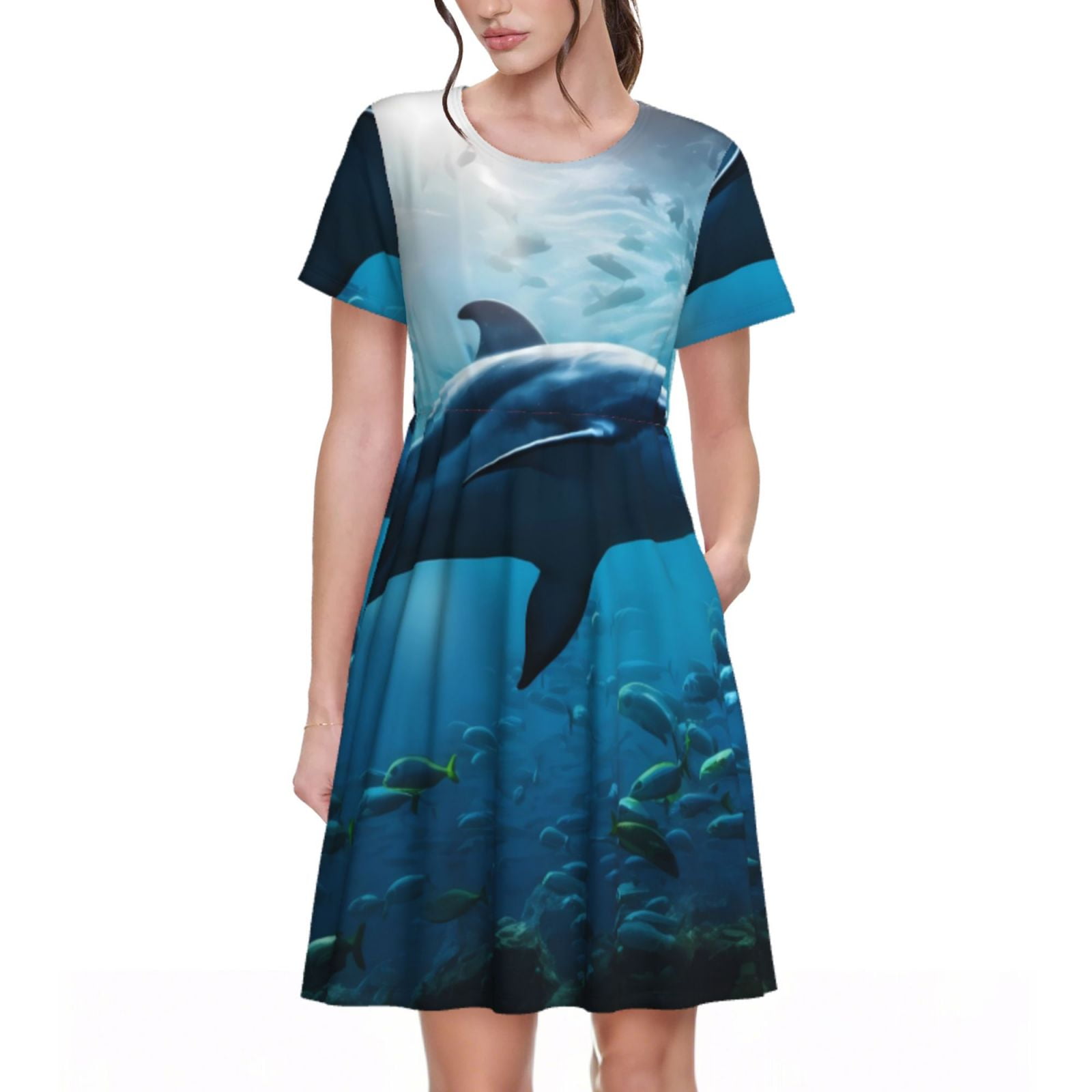 Balery Ocean Dolphin Fish School Pattern Womens Dresses Loose Short ...