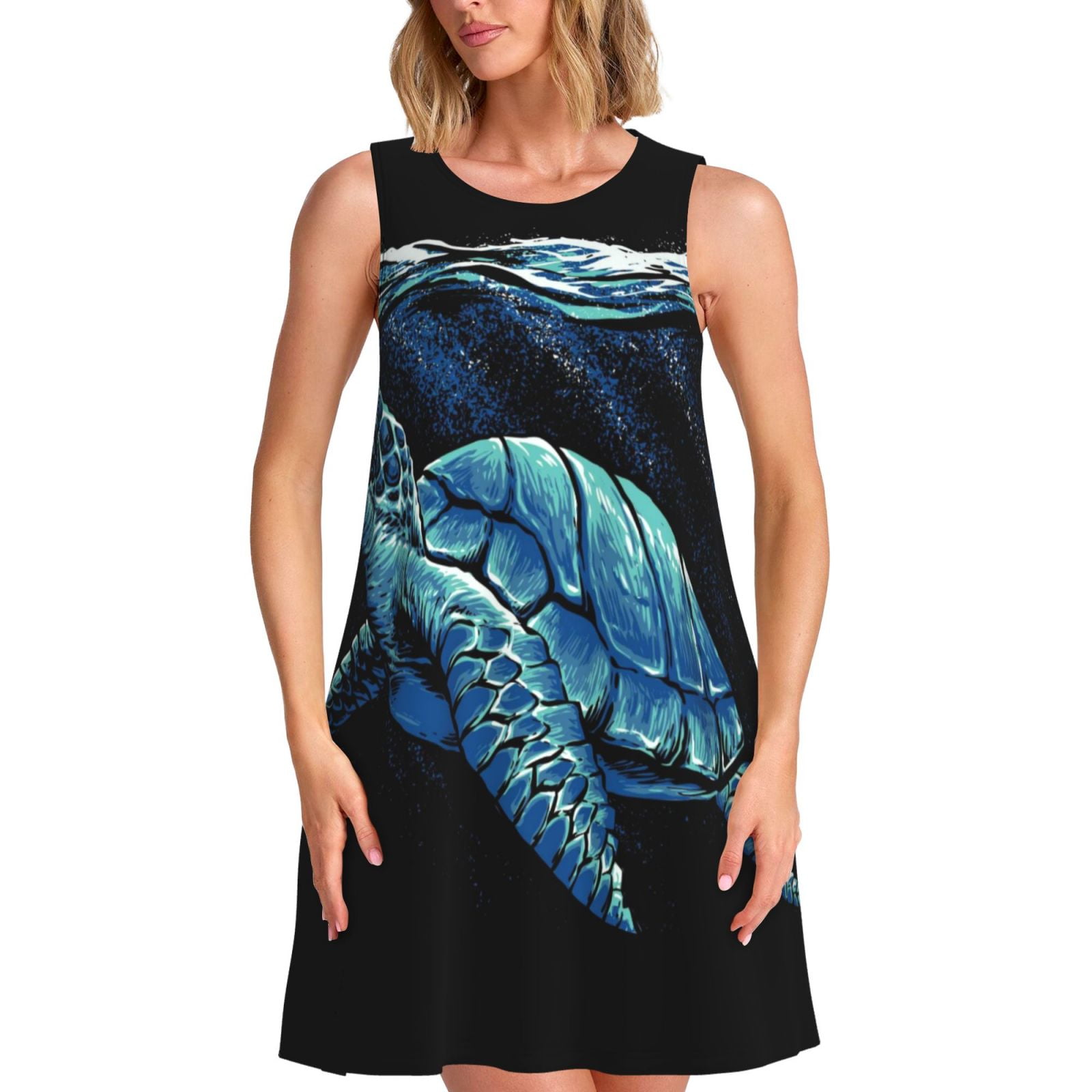 Balery Ocean Turtle Pattern Women’s Summer Dresses – Loose Sleeveless ...
