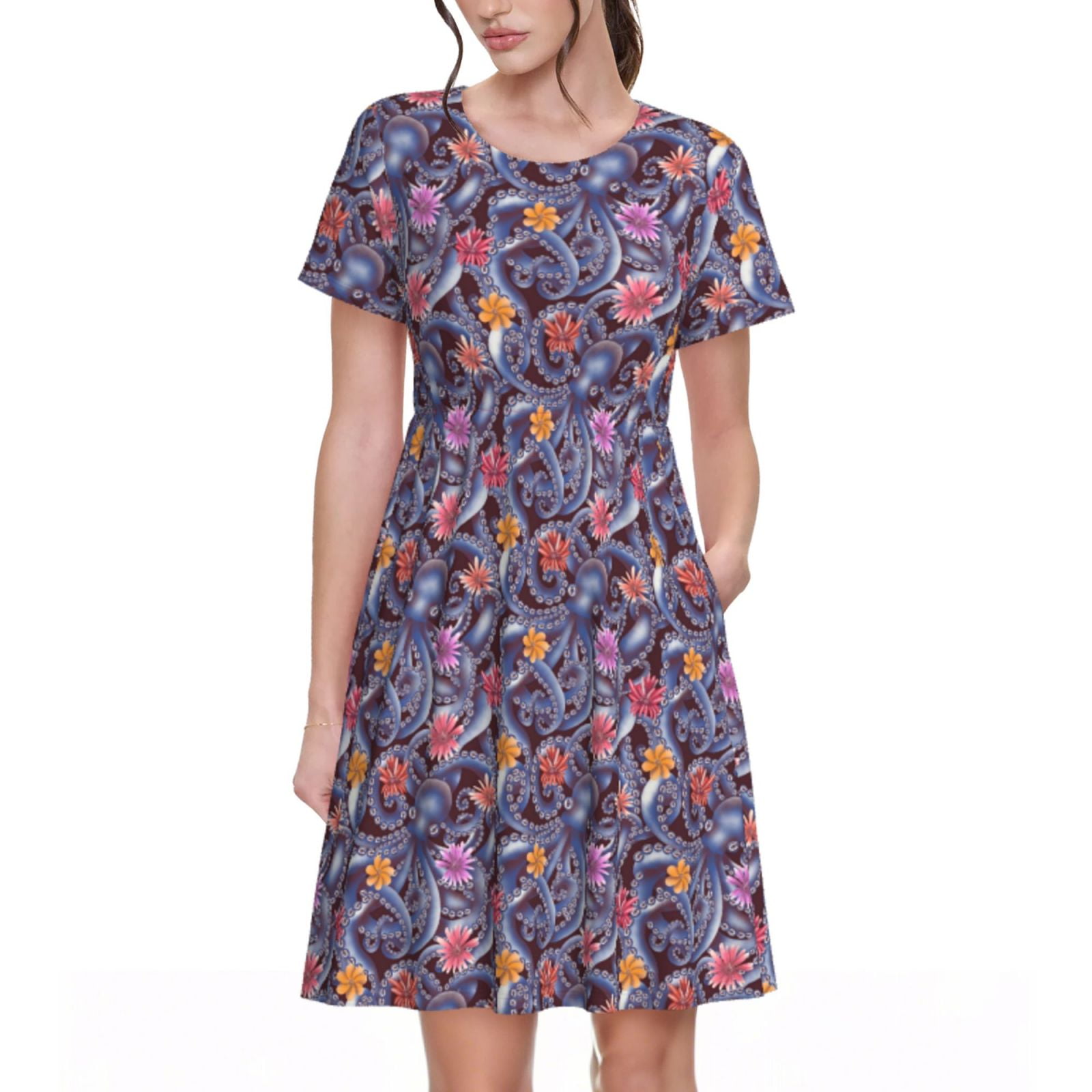 Balery Octopus and flower Pattern Womens Dresses Loose Short sleeve ...