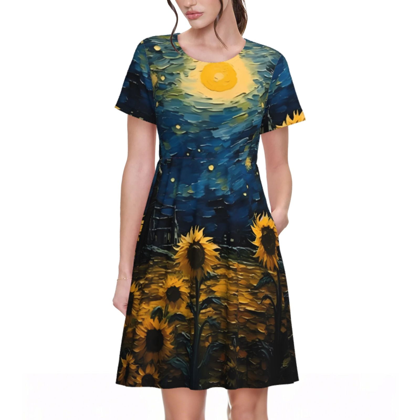 Balery Oil Starry Sky Sunflower Pattern Womens Dresses Loose Short ...