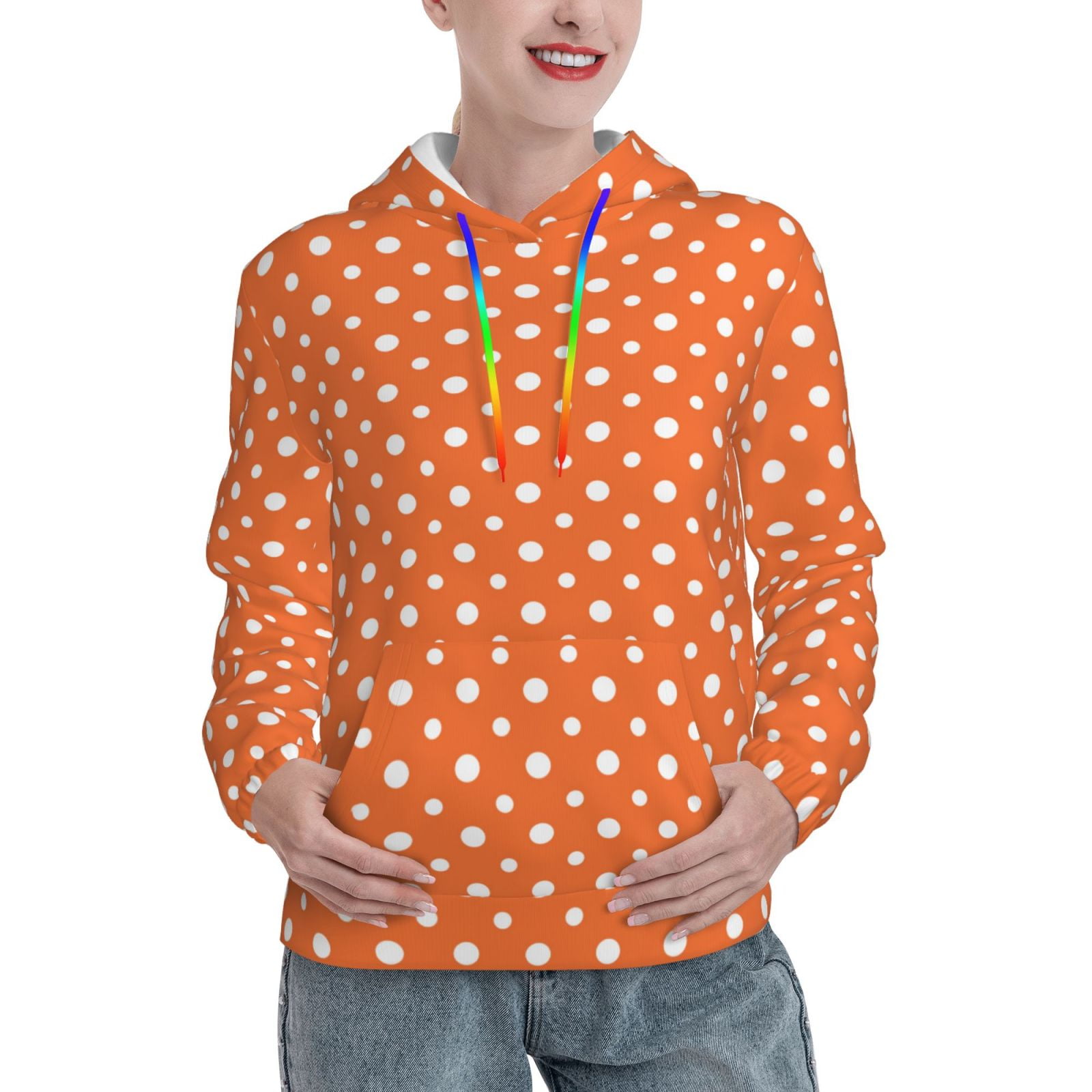 Balery Orange And White Polka Dot Pattern Womens Long Sleeve Hoodie ...