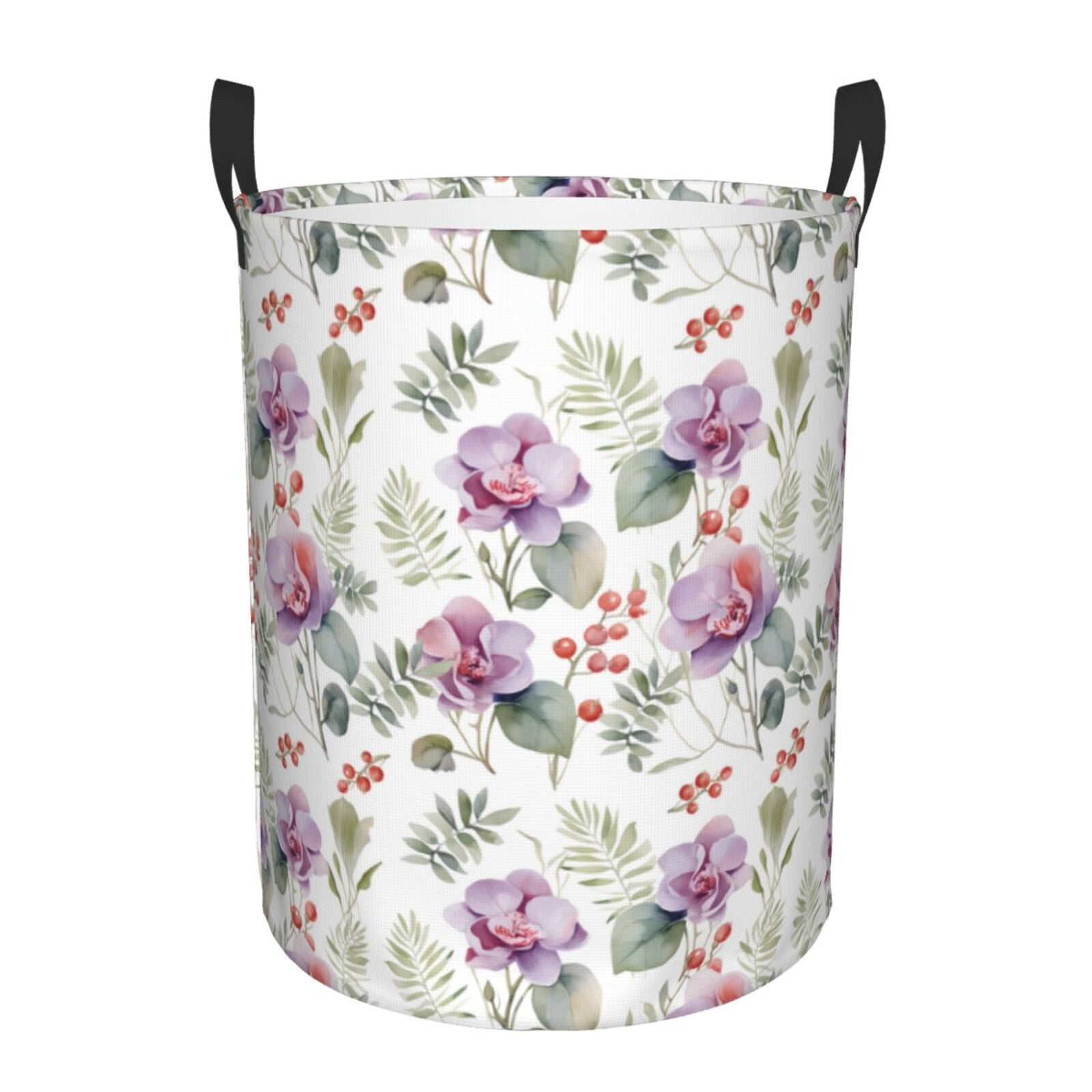 Balery Orchids Flowers Round Laundry Basket with Handles Waterproof ...