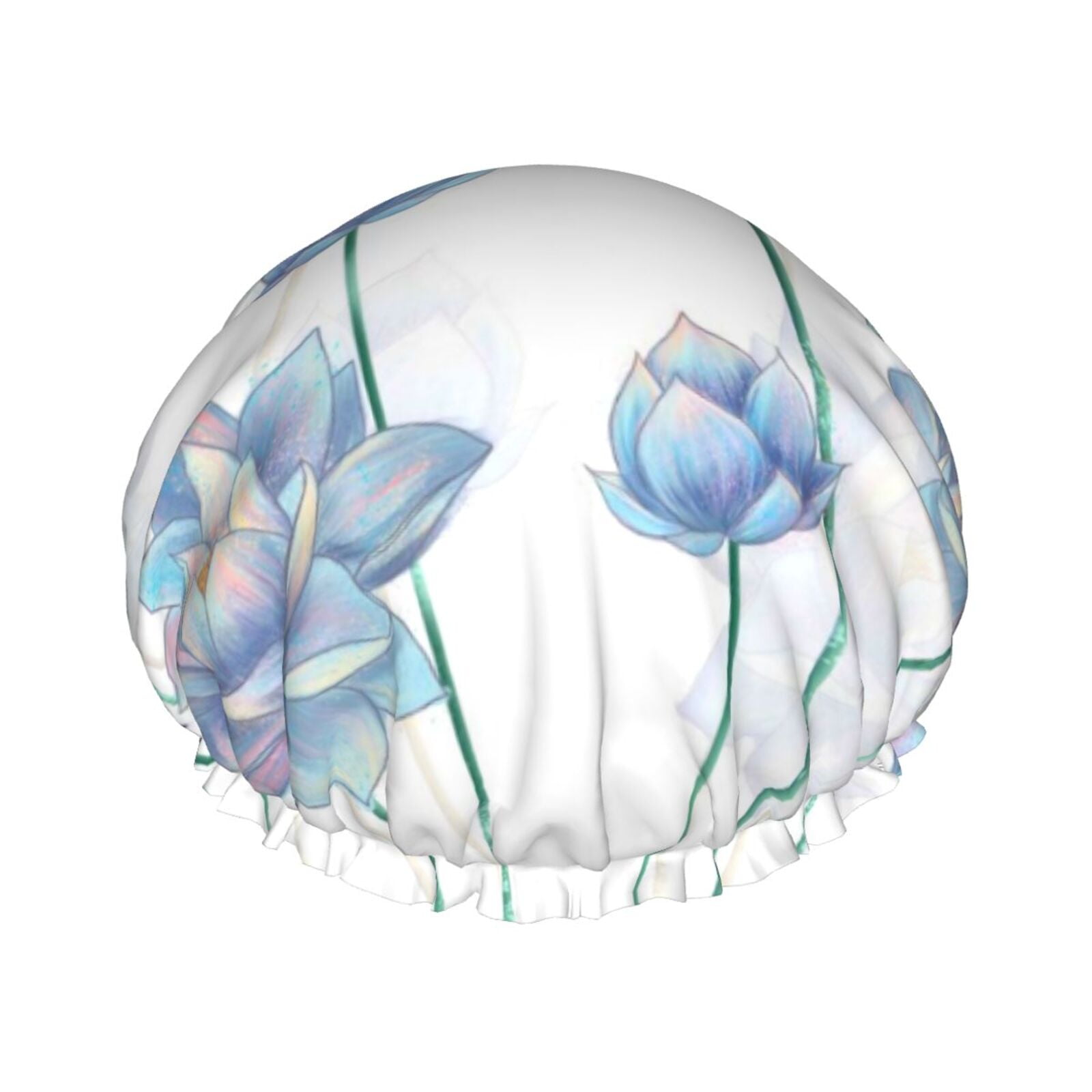 Balery Pale Blue Lotus Flowers Shower Caps, Double Layer Waterproof ...