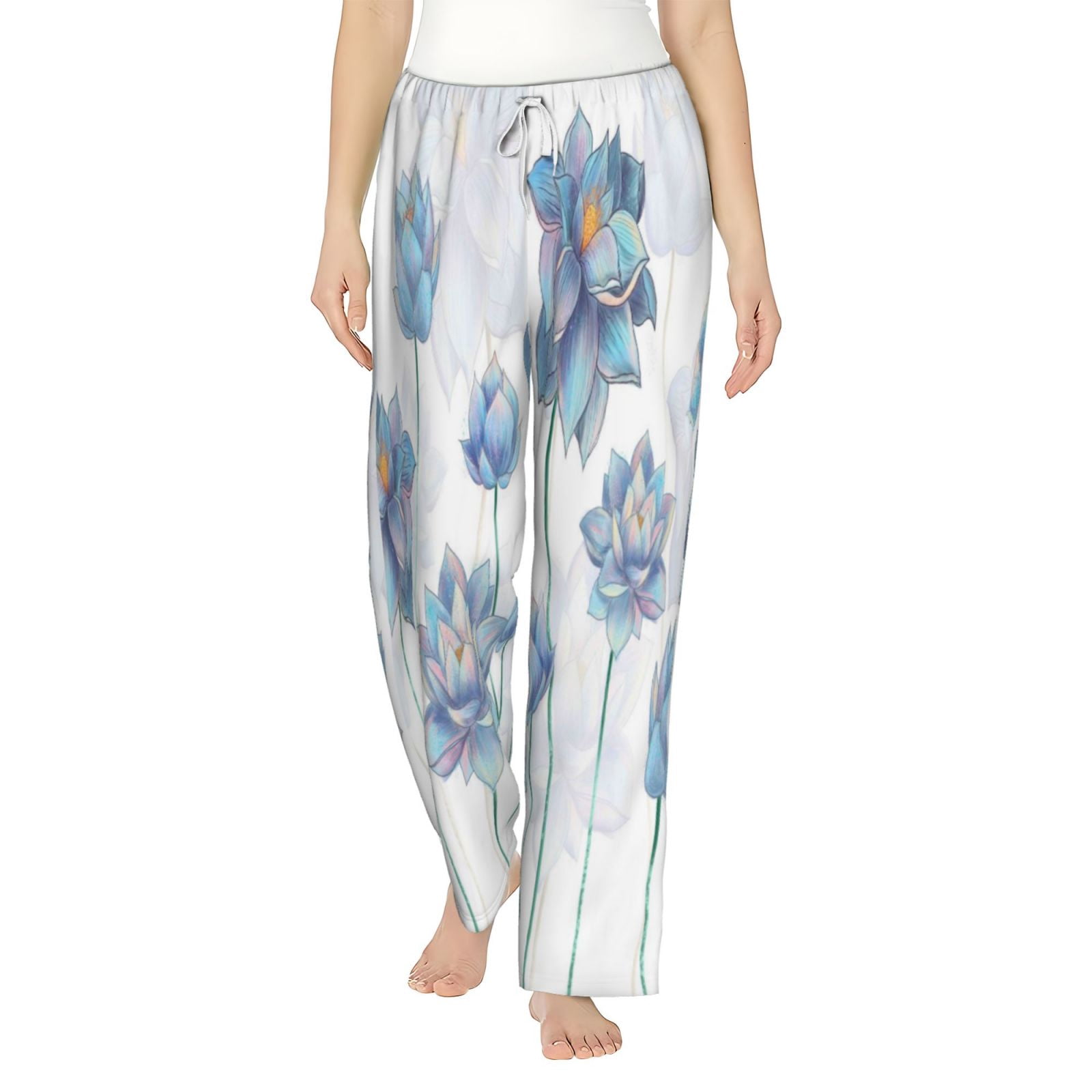 Balery Pale Blue Lotus Flowers print Women's Pajama Pants,Ultra ...