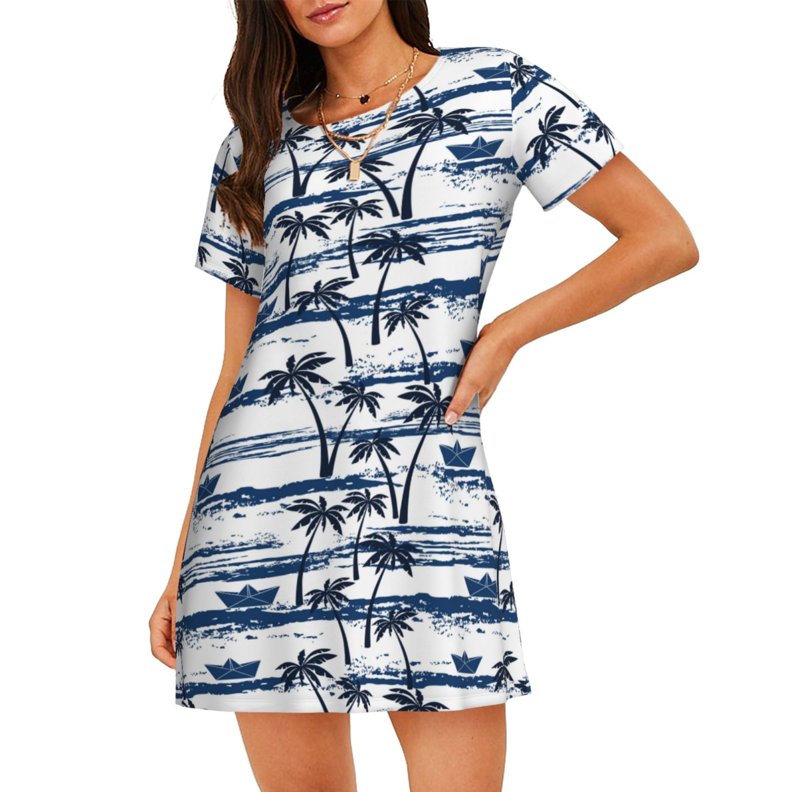 Balery Palm Tree Pattern Womens Short Sleeve Sleepshirt Scoopneck Cute ...